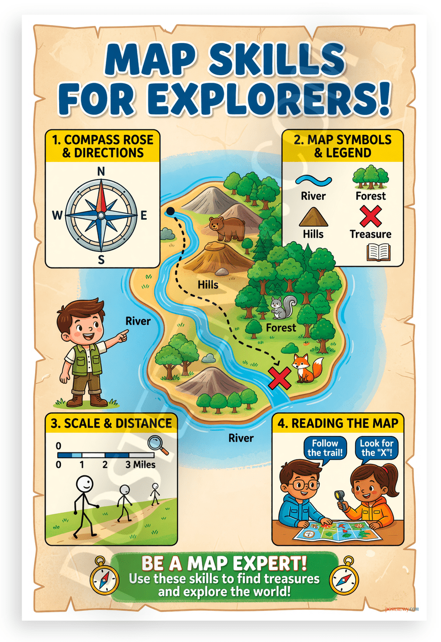 Map Skills for Explorers Compass Rose Symbols Scale Reading Educational ...