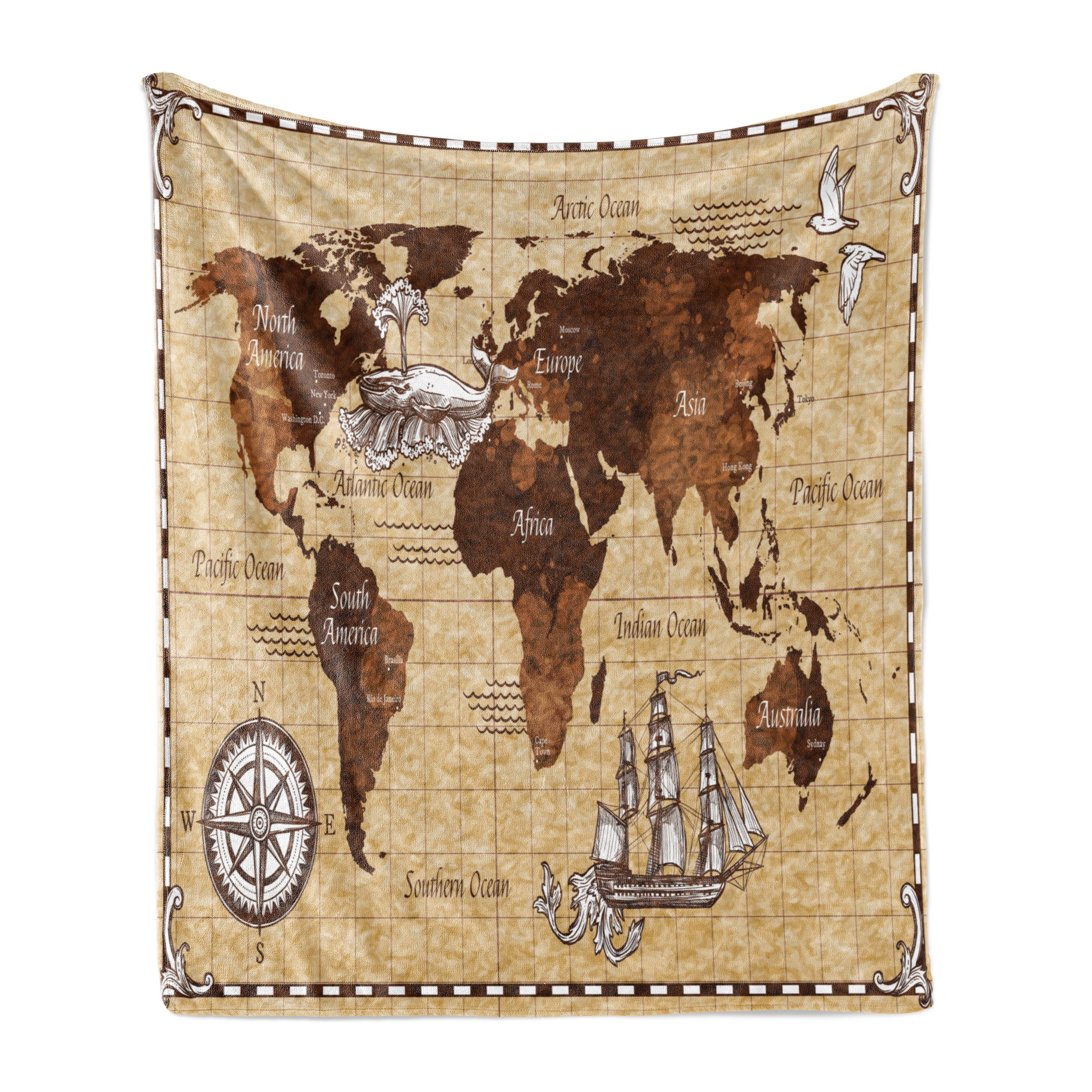 Map Soft Flannel Fleece Throw Blanket, Hand Drawn Sketch Retro World ...