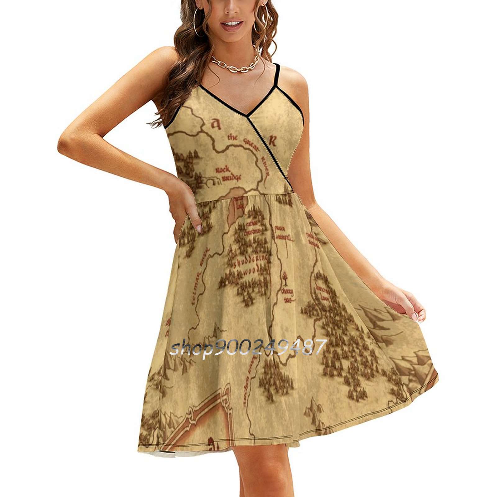 Map Square Neck Dress Sweet Summer Dress Women Elegant Halter Print ...