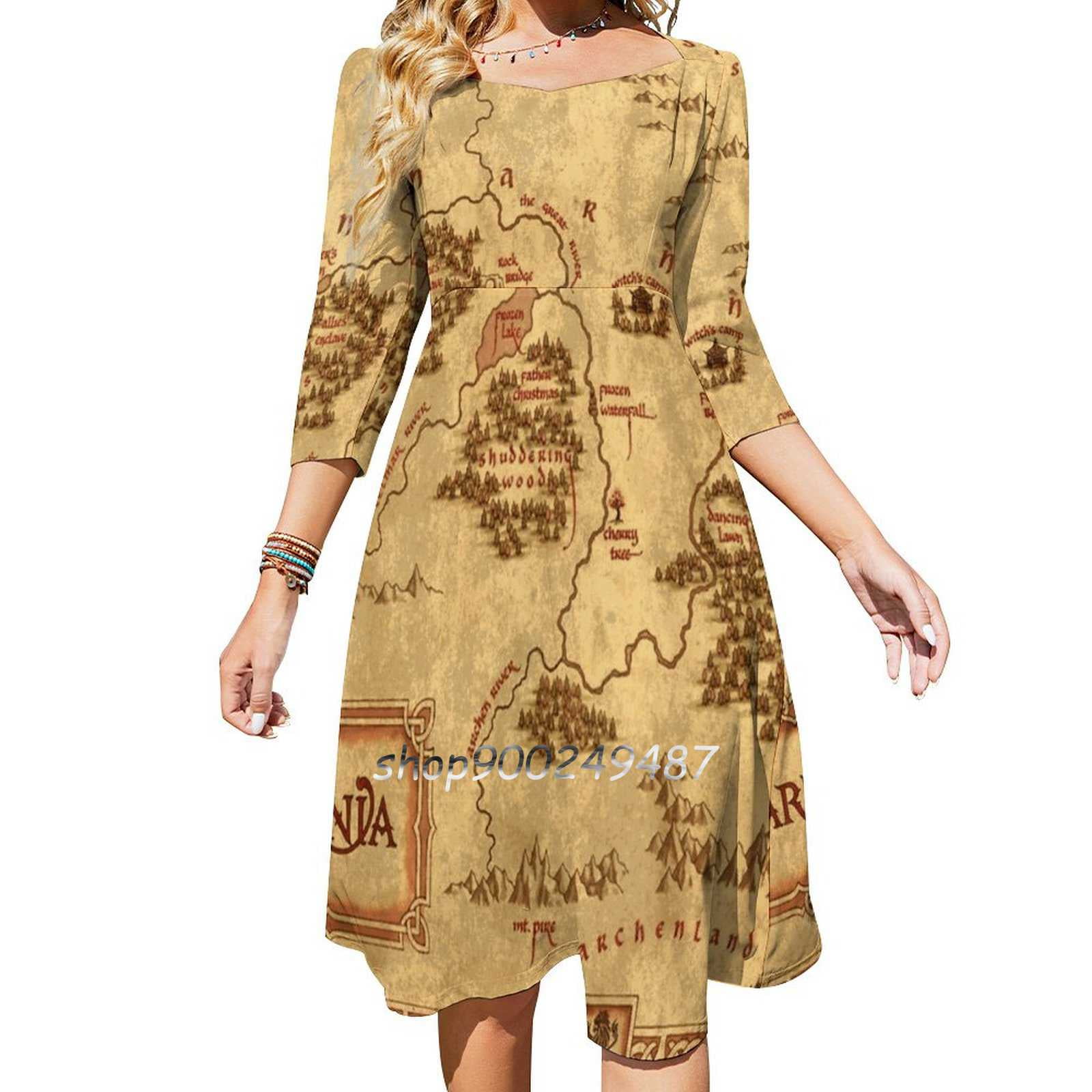 Map Square Neck Dress Sweet Summer Dress Women Elegant Halter Print ...