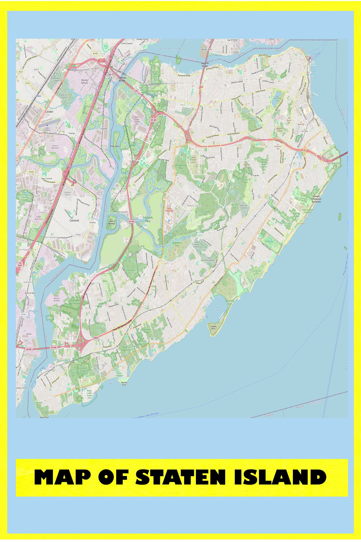 Map of Staten Island 20x30 with Neighborhoods, Streets, Roads, Highways ...