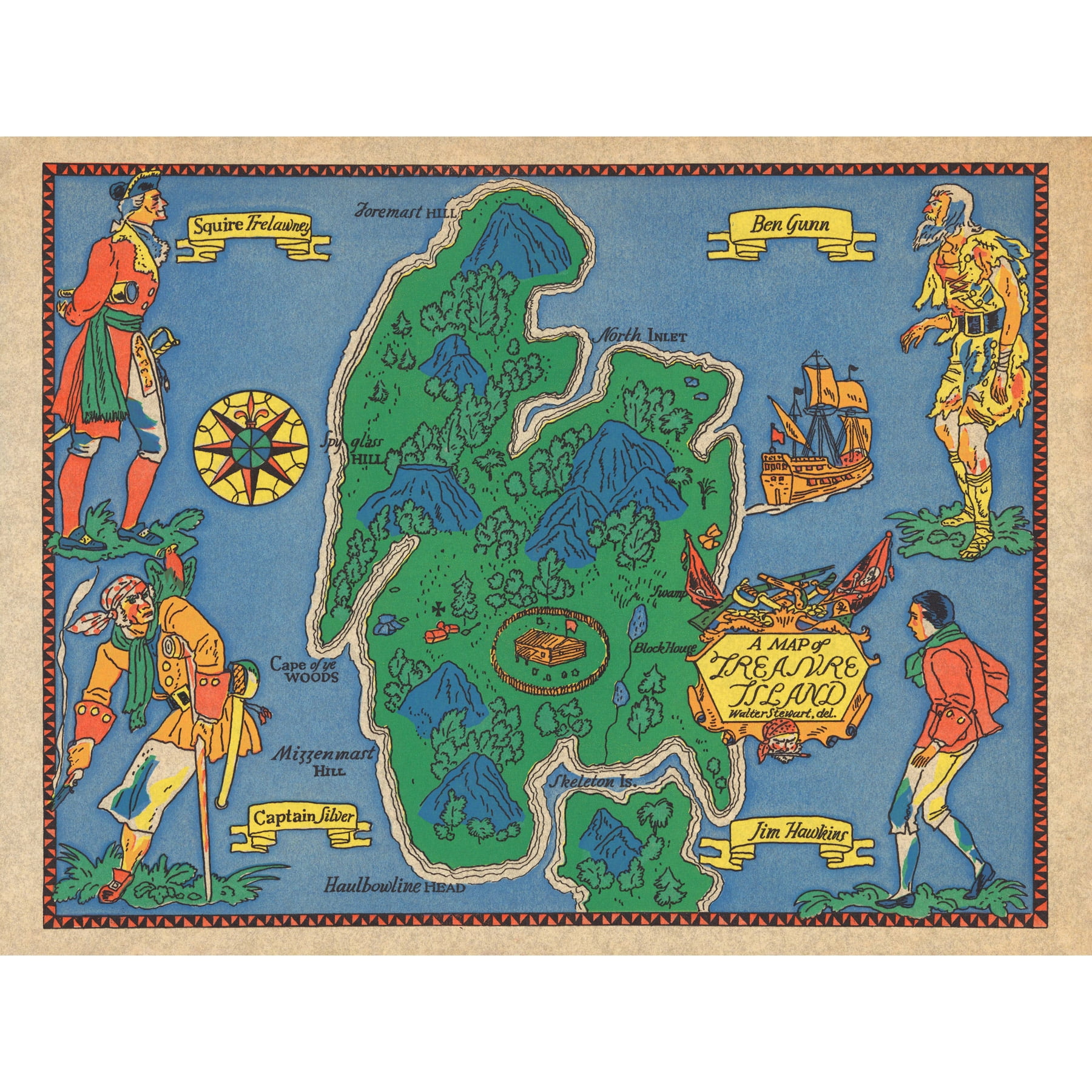 Map Stuart 1960 Stevensons Treasure Island Extra Large XL Wall Art ...