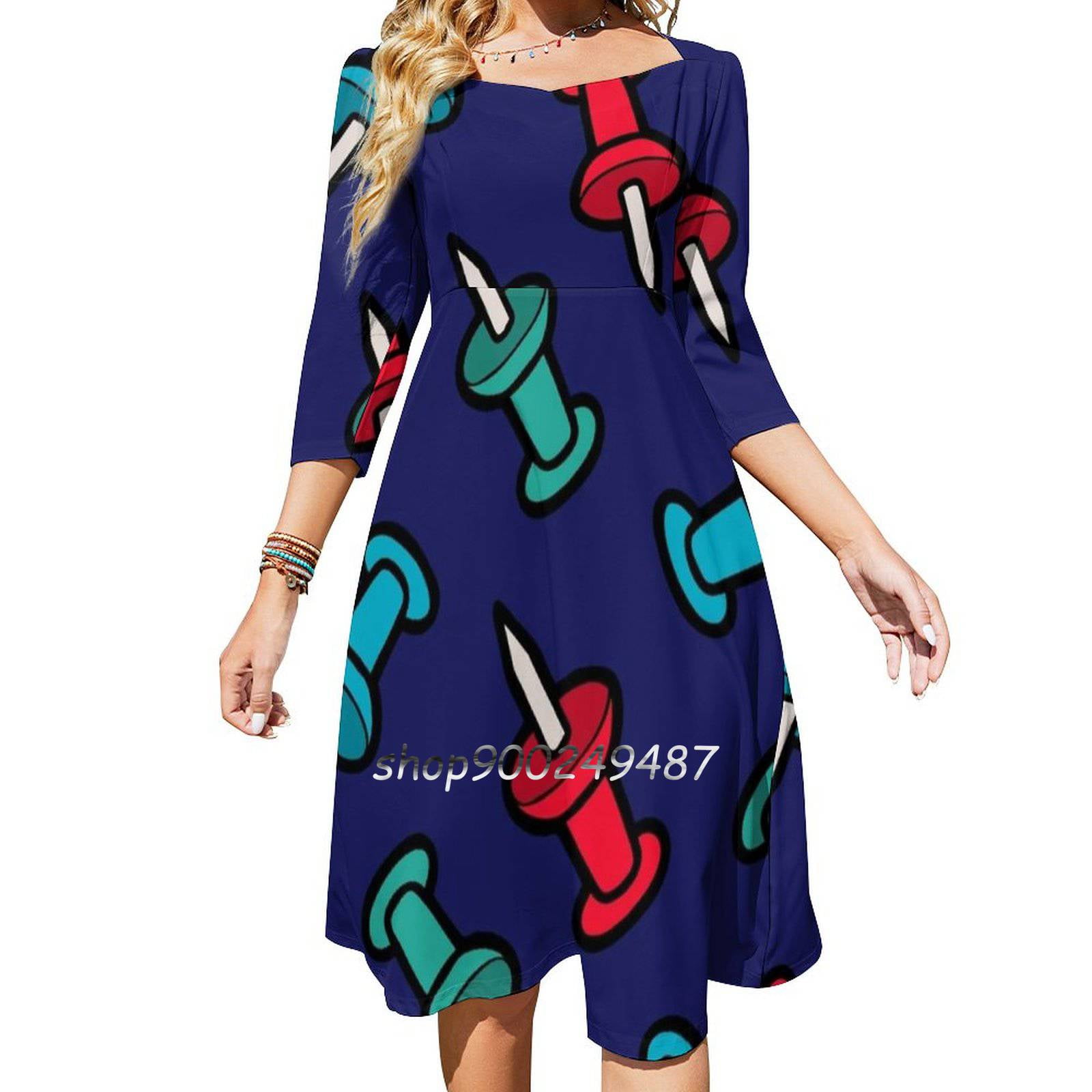 Map Tack Pattern Flare Dress Square Neck Dress Elegant Female Fashion ...