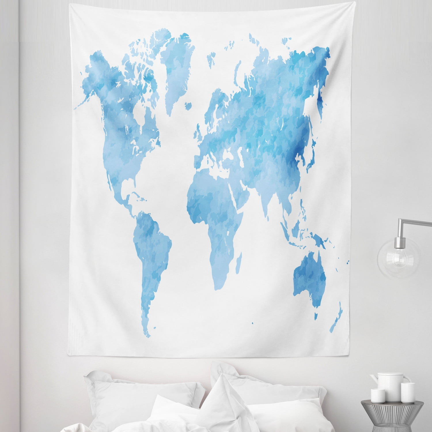 Map Tapestry, Blue Watercolor Style World Map Pastel Colored Display of ...