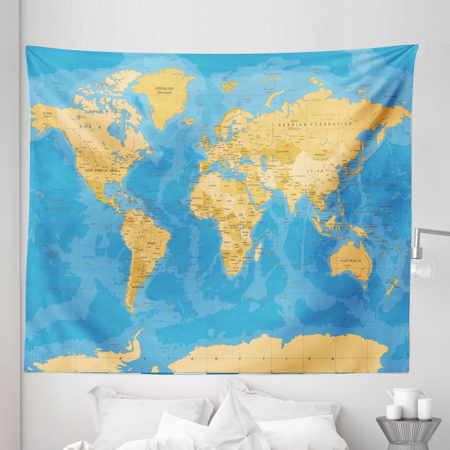 Map Tapestry, Classic Scene of World with Contoured Continents ...