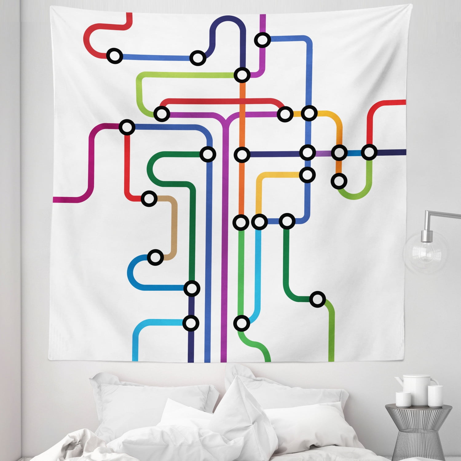 Map Tapestry, Colorful Abstract Subway Map Lines and Dots Navigation ...