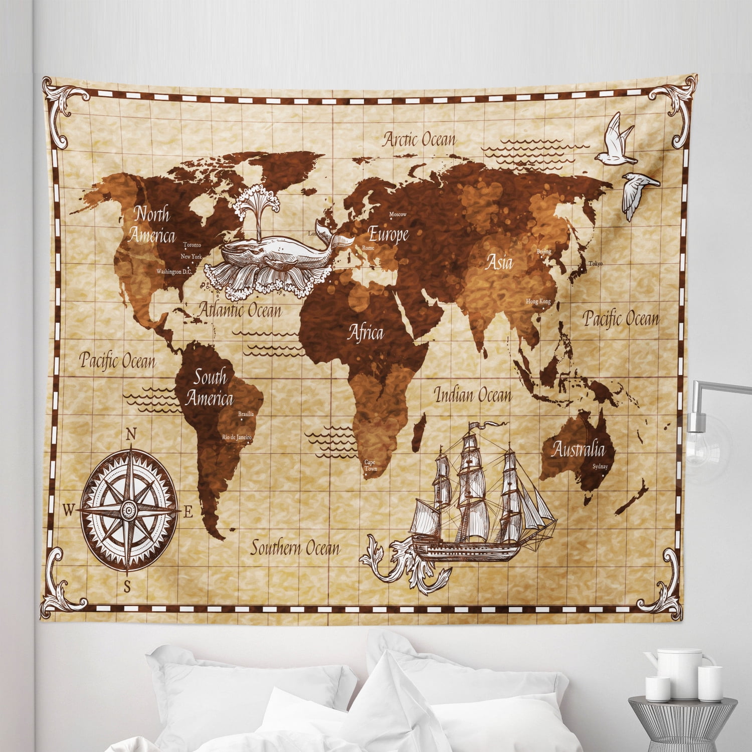 Map Tapestry, Grunge Vintage Nostalgic Marine Atlas with Whale Ship and ...