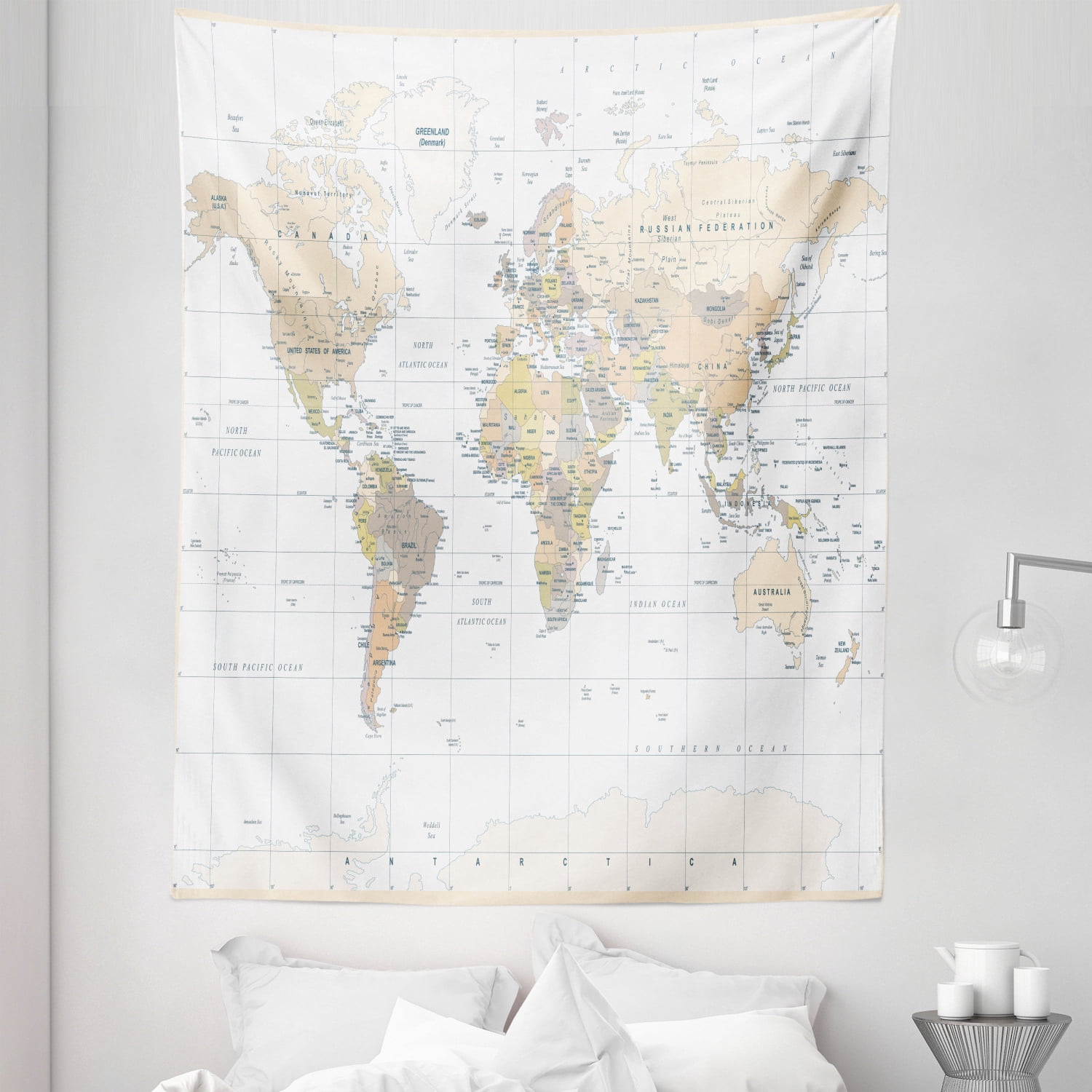 Map Tapestry, Pastel Colored Political World Borders Topographic View ...