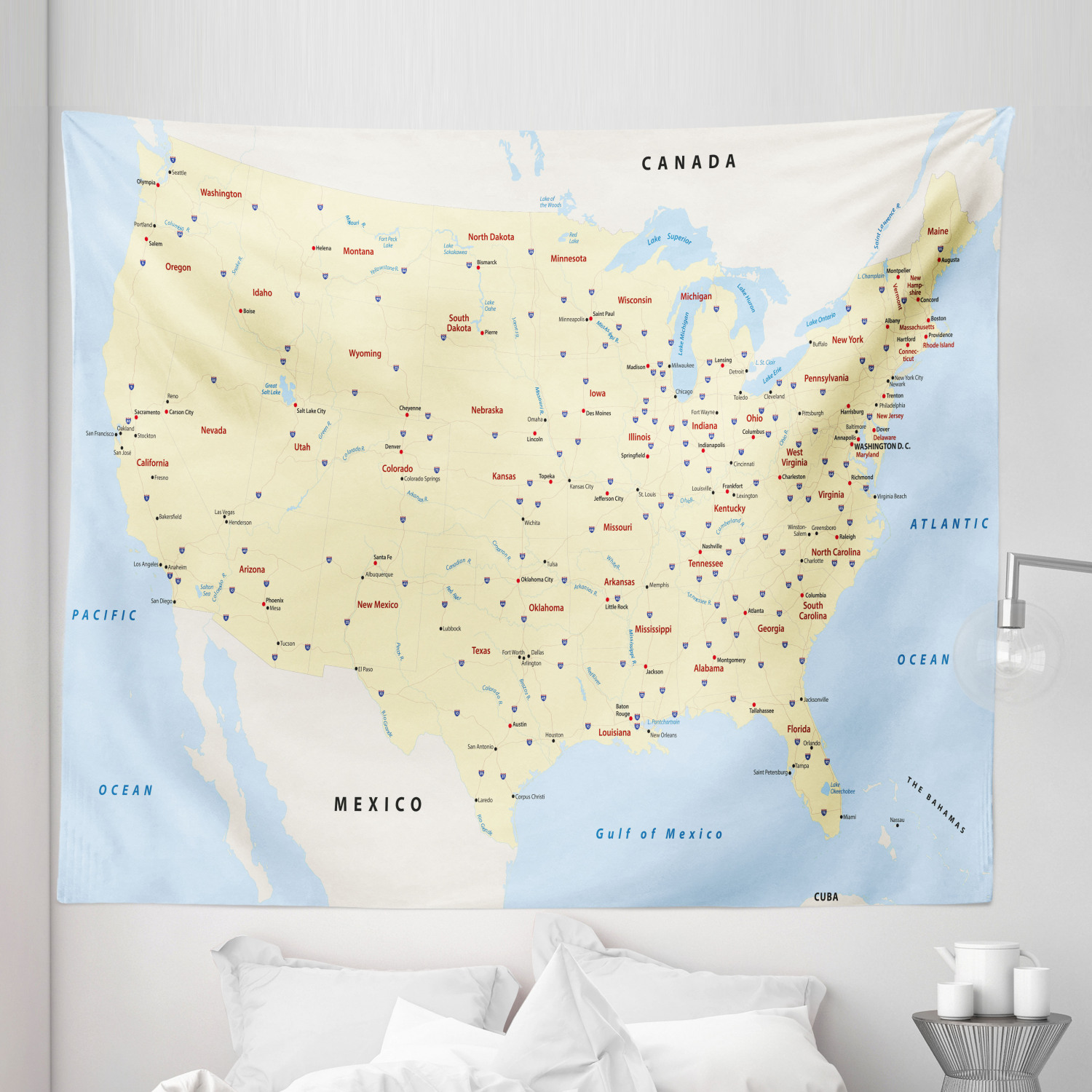 Map Tapestry, United States Interstate Map America Cities Travel ...