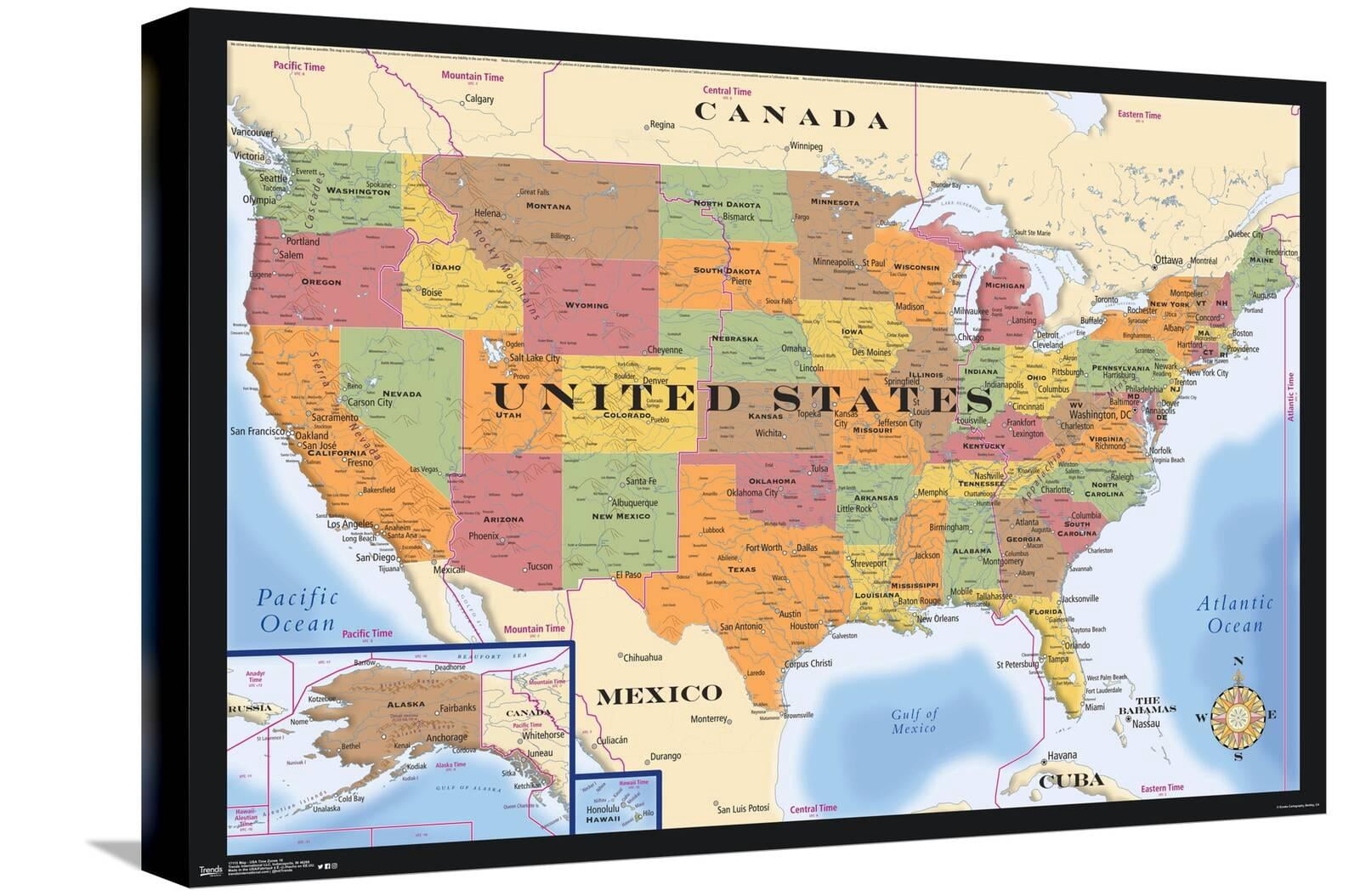 Map - USA Time Zones Canvas Wall Poster, 14.725" x 22.375" - Walmart.com