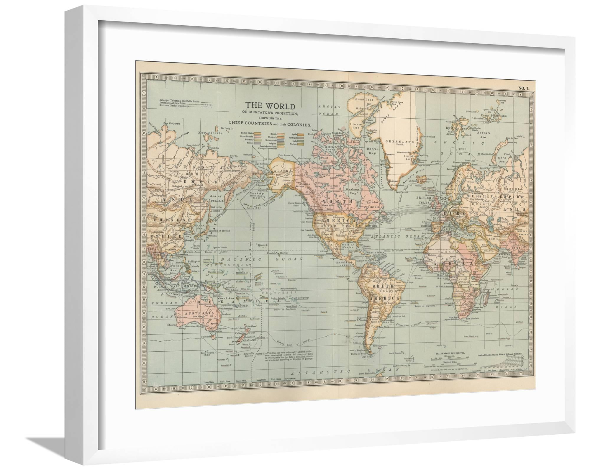 Art.com Map of the World on Mercator's Projection, Showing the Chief ...