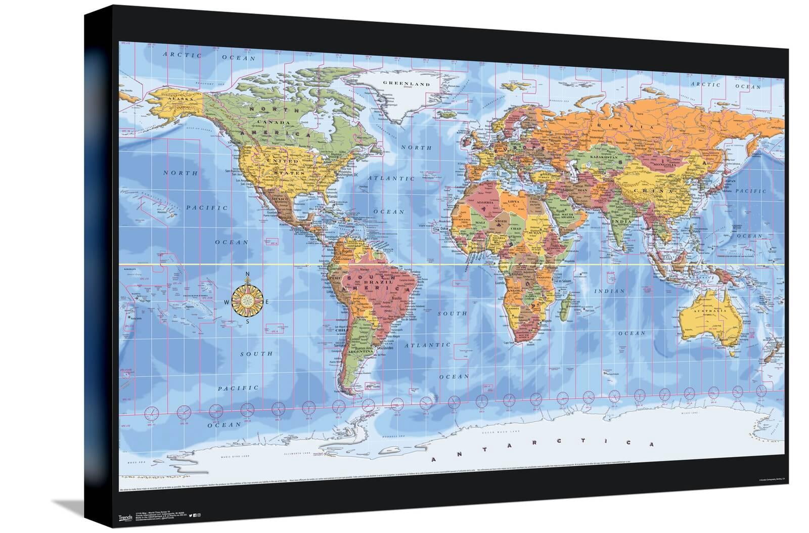 Map - World Time Zones Canvas Wall Poster, 14.725" x 22.375" - Walmart.com