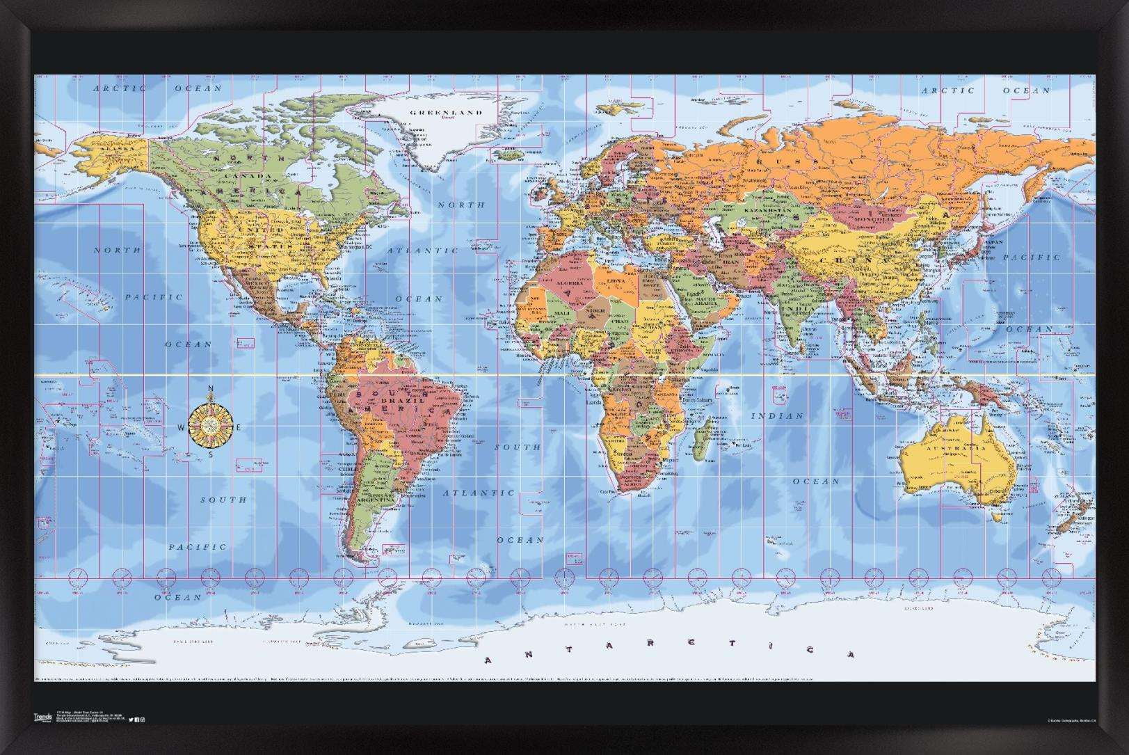 Map - World Time Zones Wall Poster, 14.725" x 22.375", Framed - Walmart.com