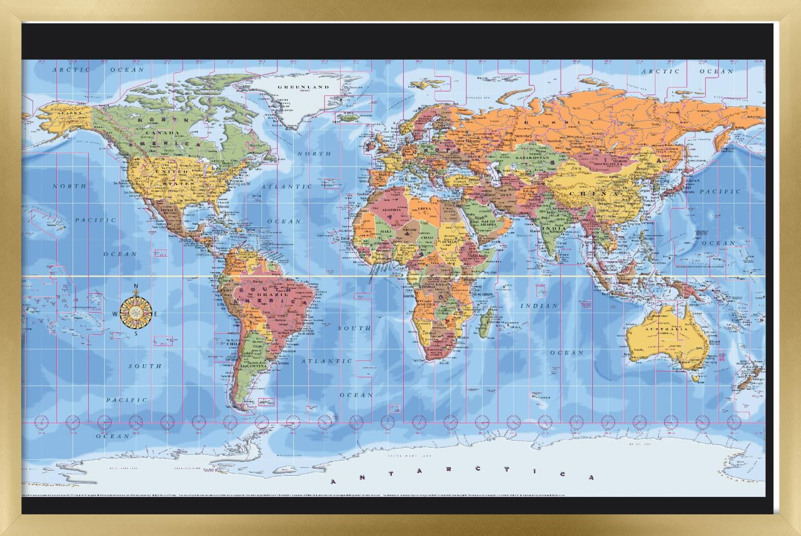 Map - World Time Zones Wall Poster, 14.725" x 22.375", Framed - Walmart.com