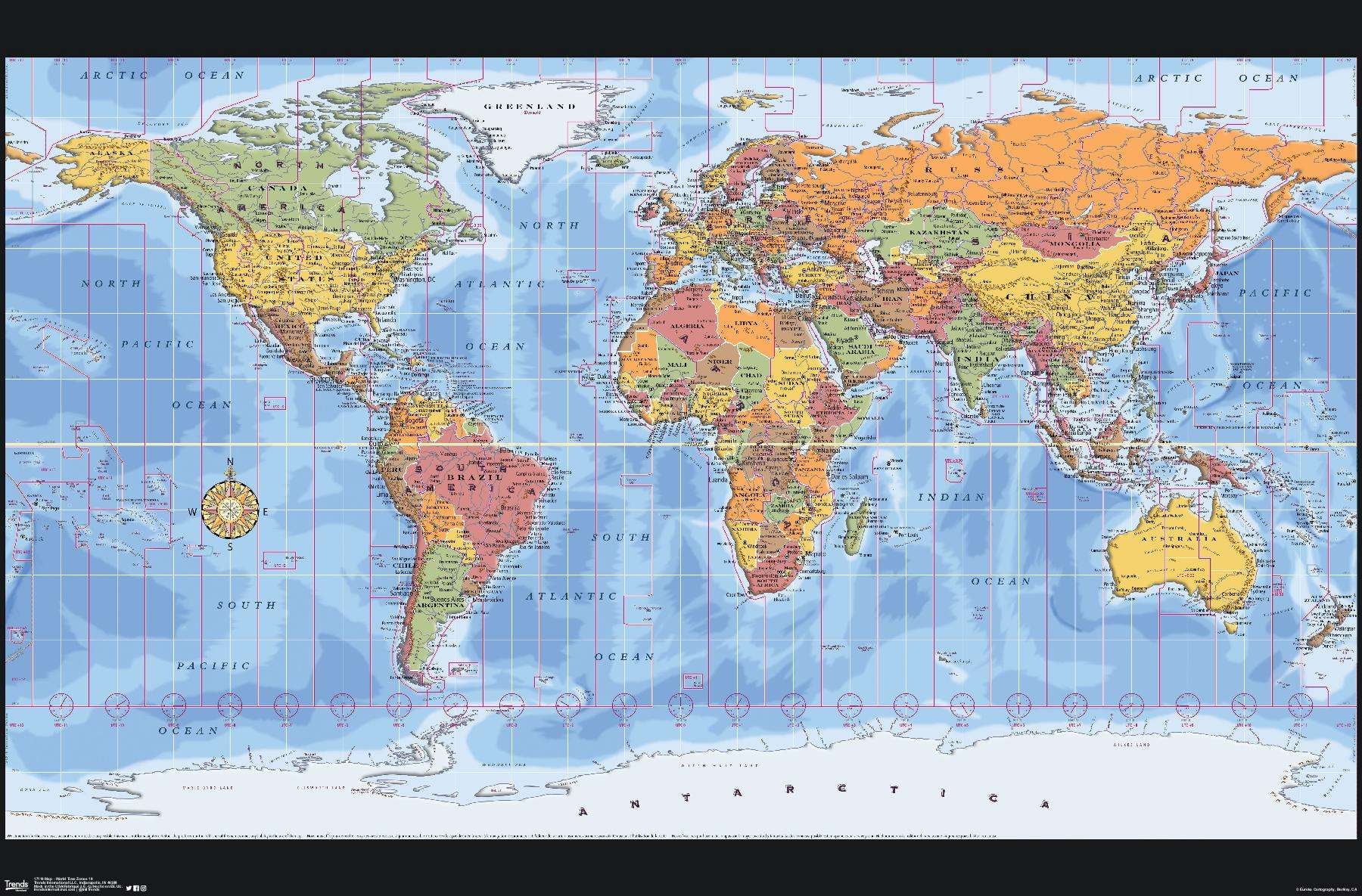 Map - World Time Zones Wall Poster, 14.725" x 22.375" - Walmart.com