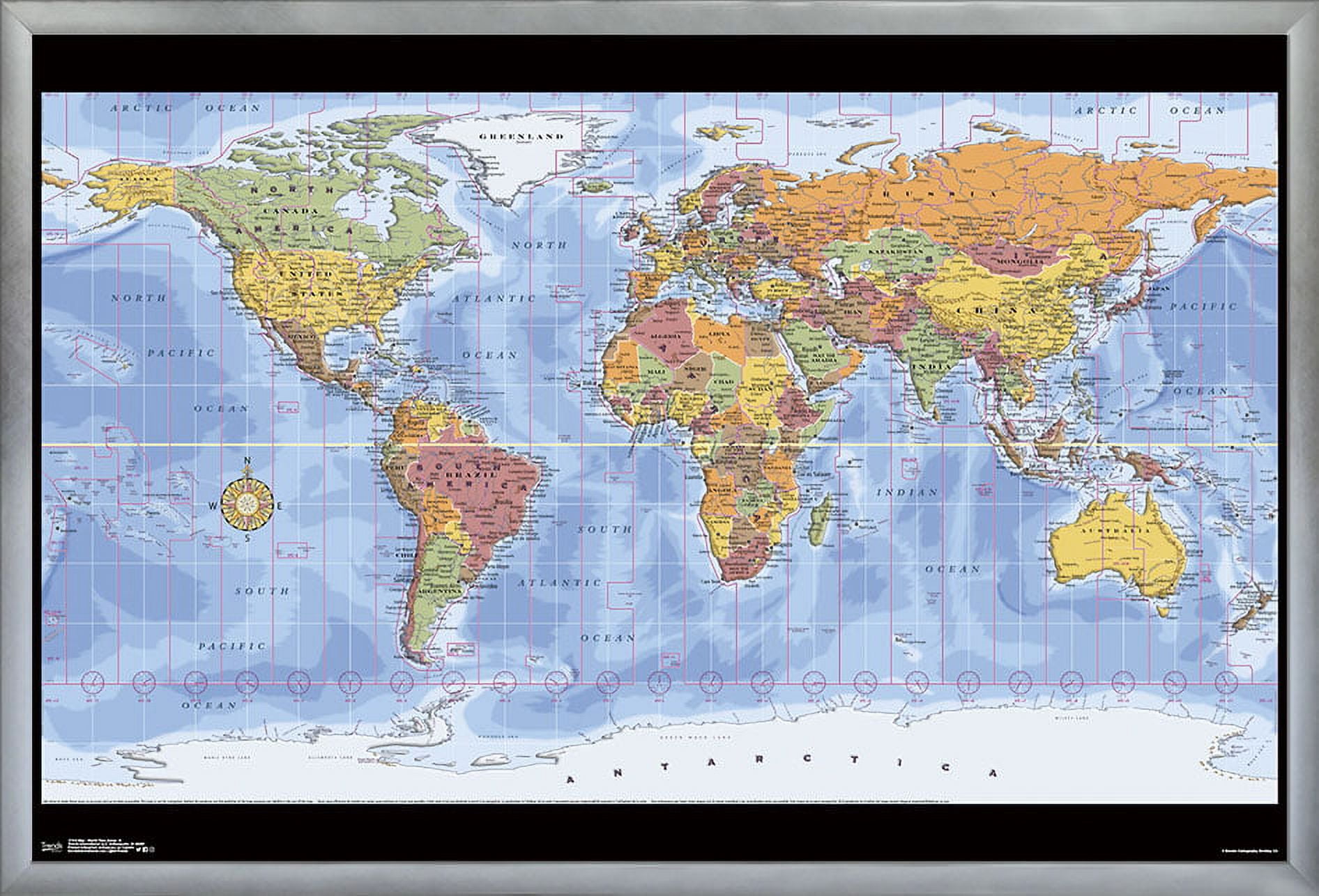 Map - World Time Zones Wall Poster, 22.375" x 34", Framed - Walmart.com