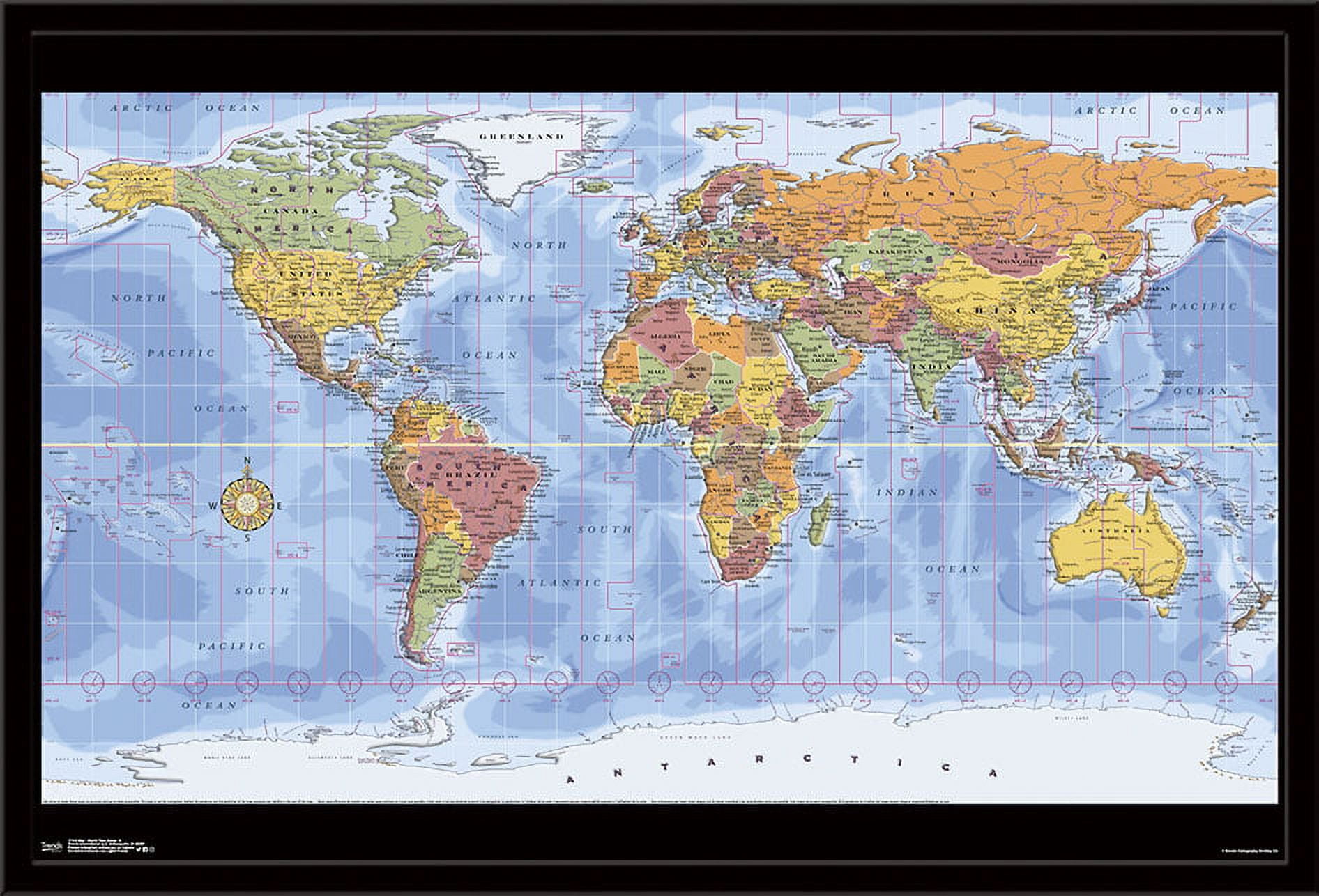 Map - World Time Zones Wall Poster, 22.375" x 34", Framed - Walmart.com
