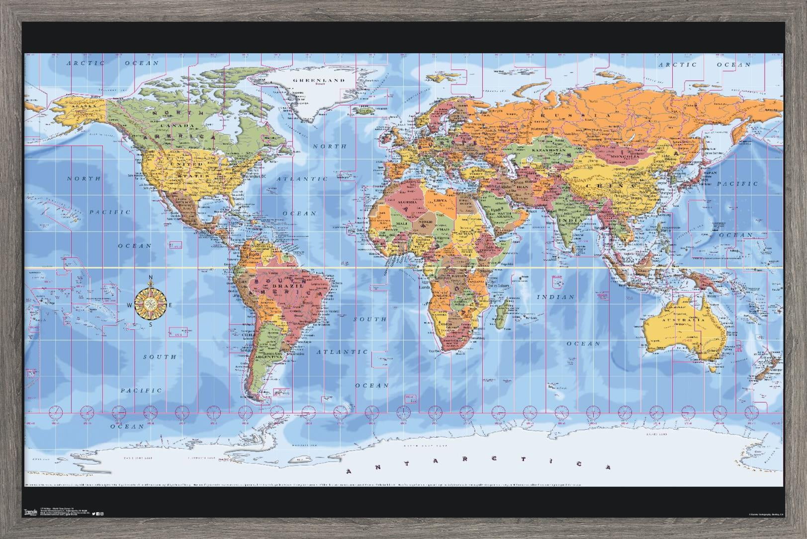 Map - World Time Zones Wall Poster, 22.375" x 34", Framed - Walmart.com