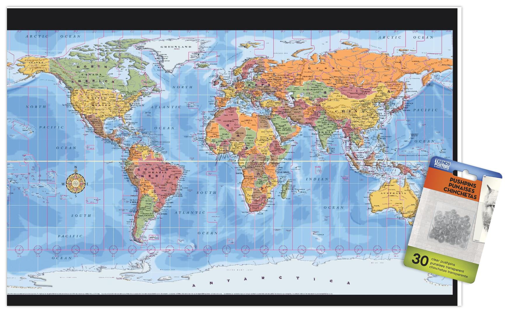 Map - World Time Zones Wall Poster with Push Pins, 14.725" x 22.375 ...