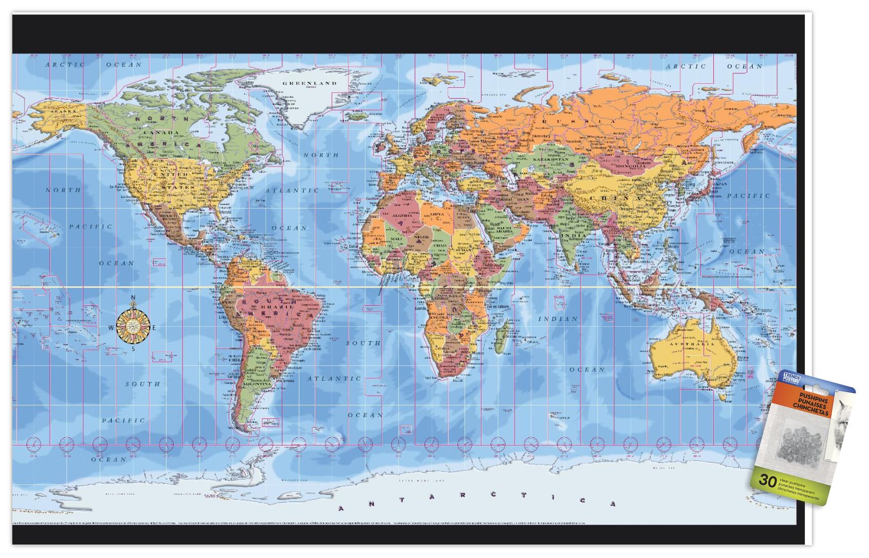 Map - World Time Zones Wall Poster with Push Pins, 22.375" x 34 ...