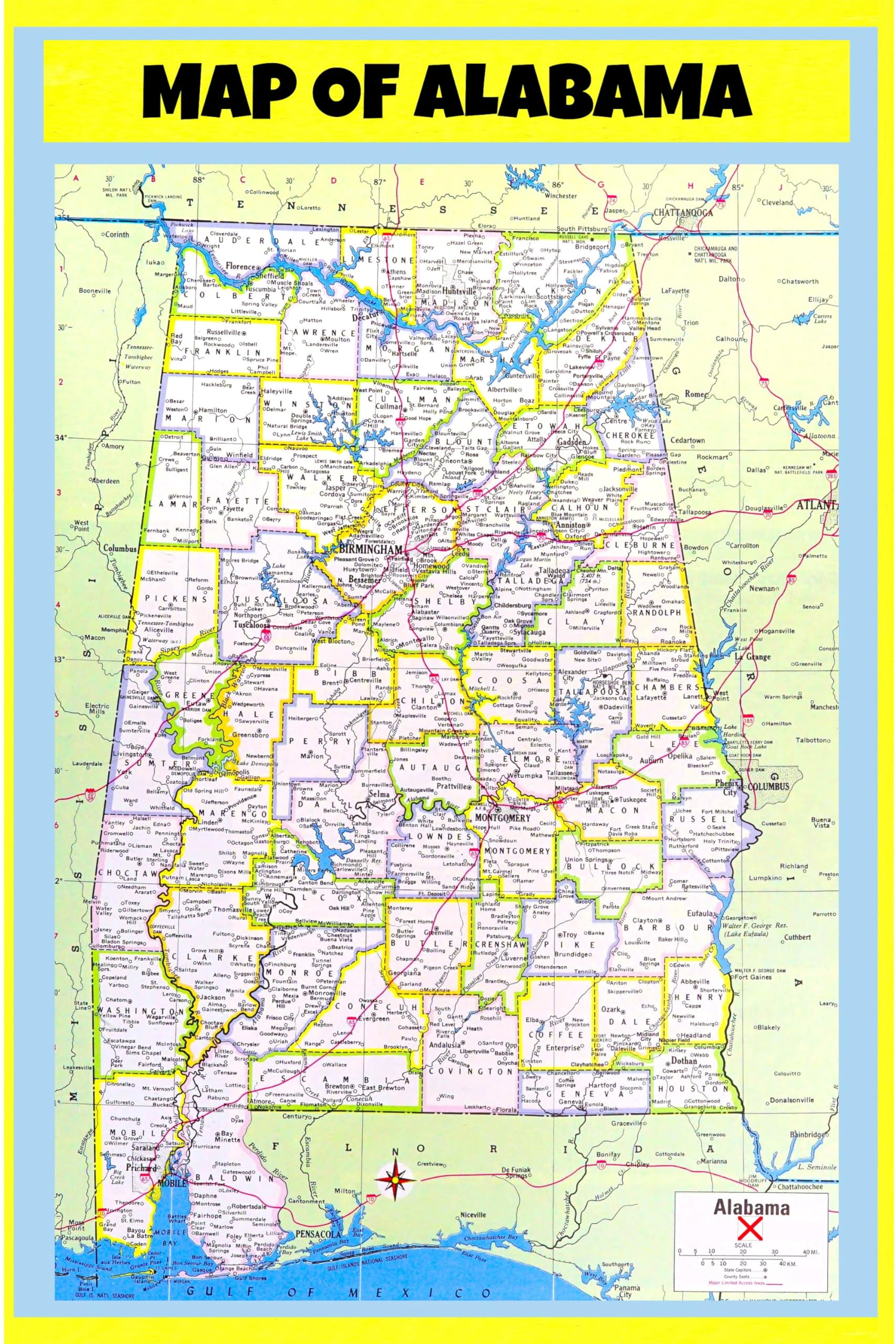 Map of Alabama - Glossy Heavy Paper Wall Map Poster Print Perfect for ...