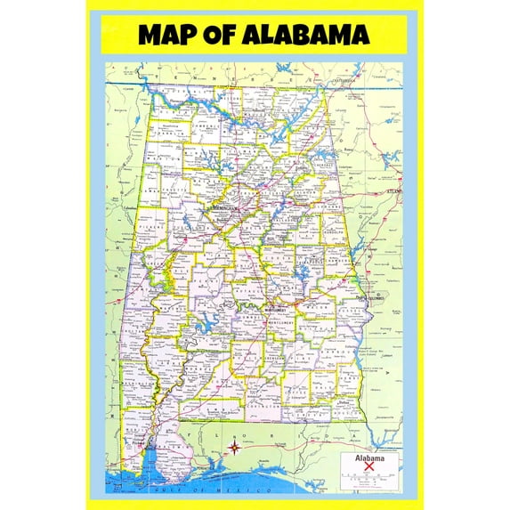 Map of Alabama - Laminated Wall Map Poster Print Perfect for Classrooms and Homes - Vivid ...