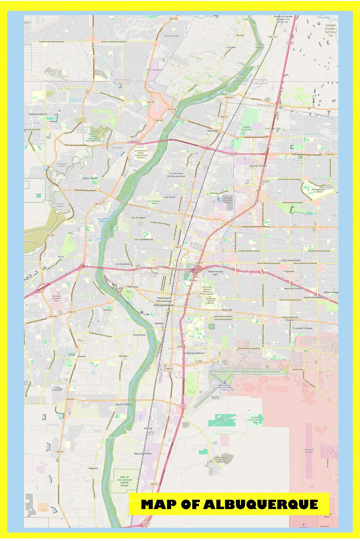 Map of Albuquerque 20x30 with Neighborhoods, Streets, Roads, Highways ...