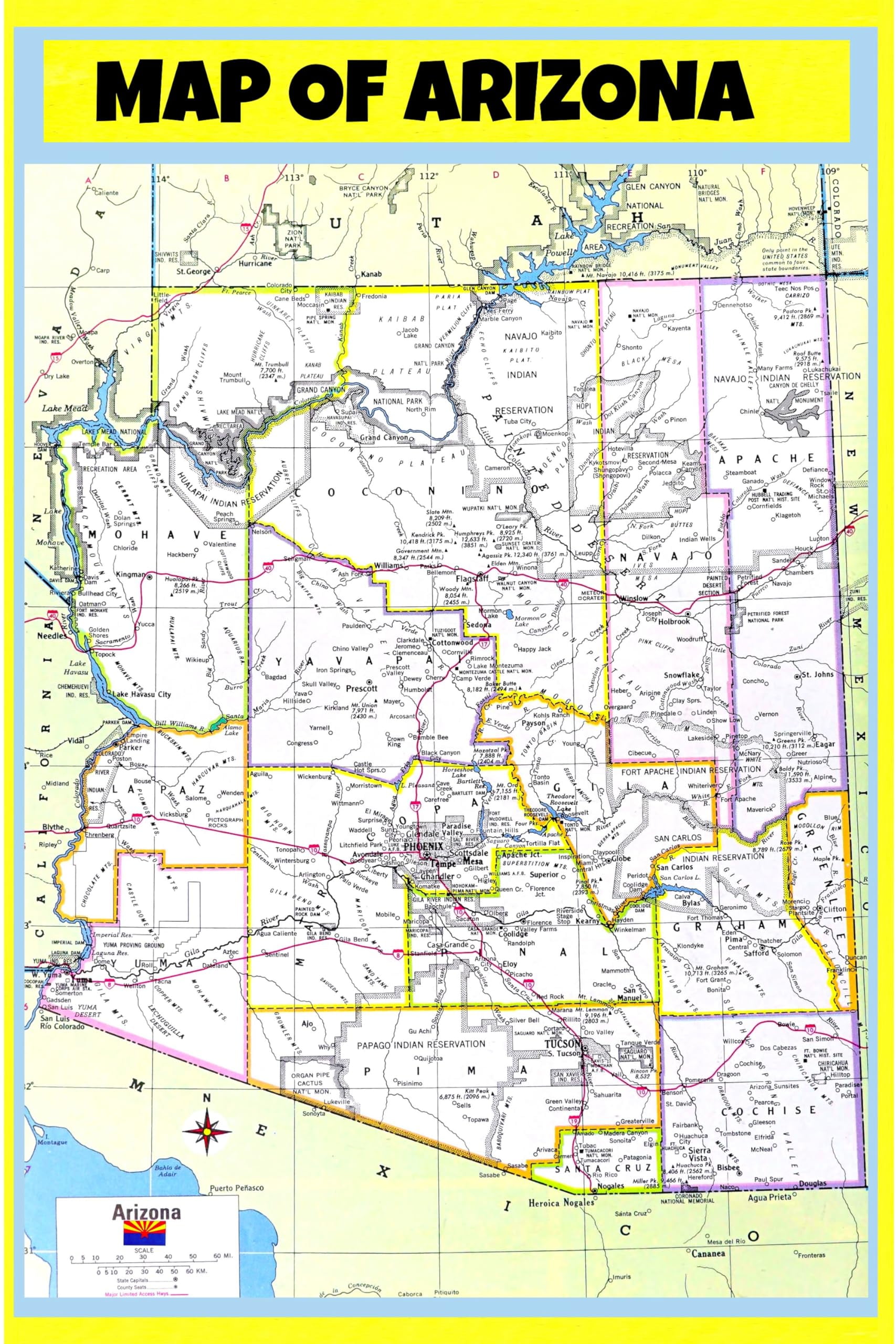 Map of Arizona - Laminated Wall Map Poster Print Perfect for Classrooms ...