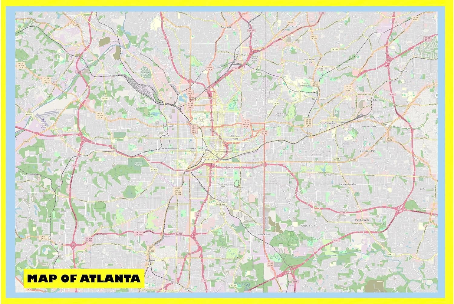 Map of Atlanta 18x24 with Neighborhoods, Streets, Roads, Highways and ...