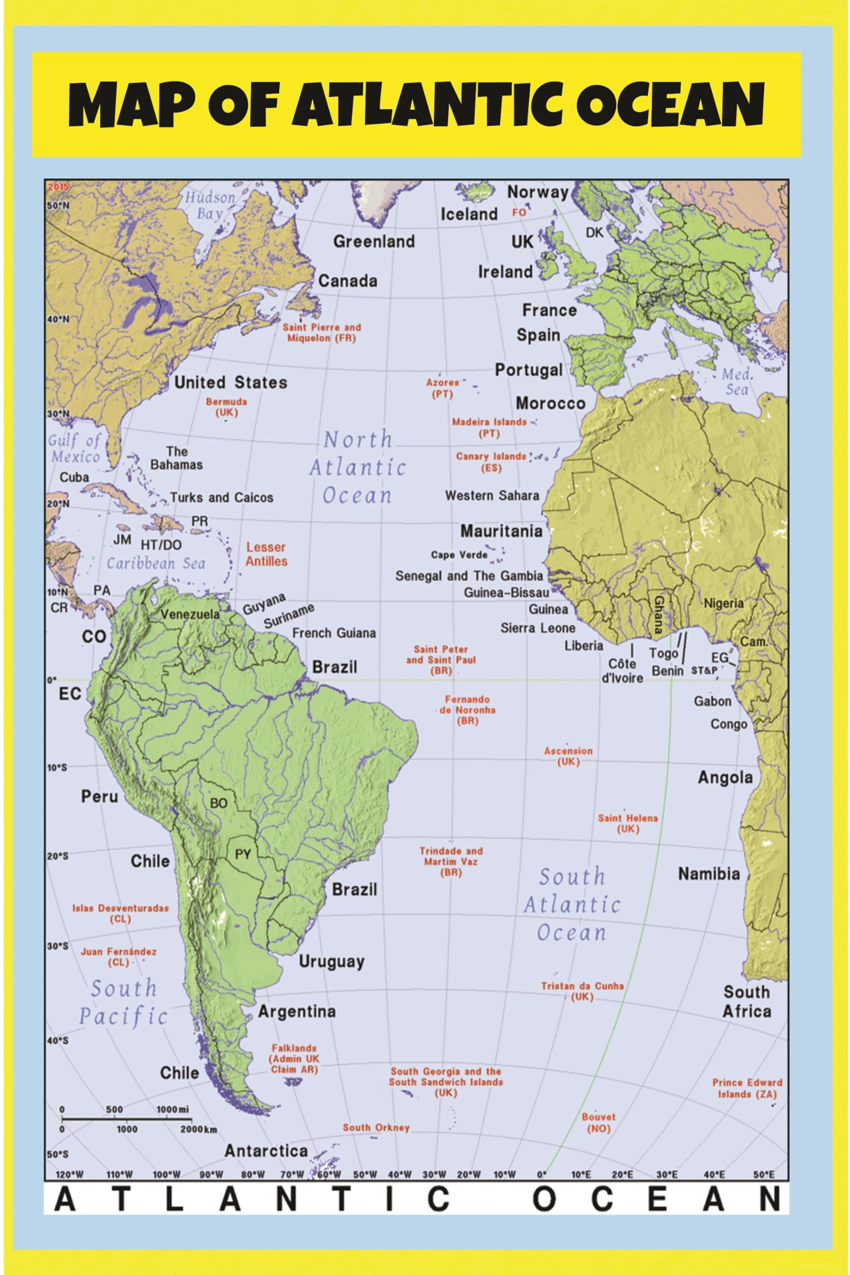 Map of Atlantic Ocean - Laminated Wall Map Poster Print Perfect for ...