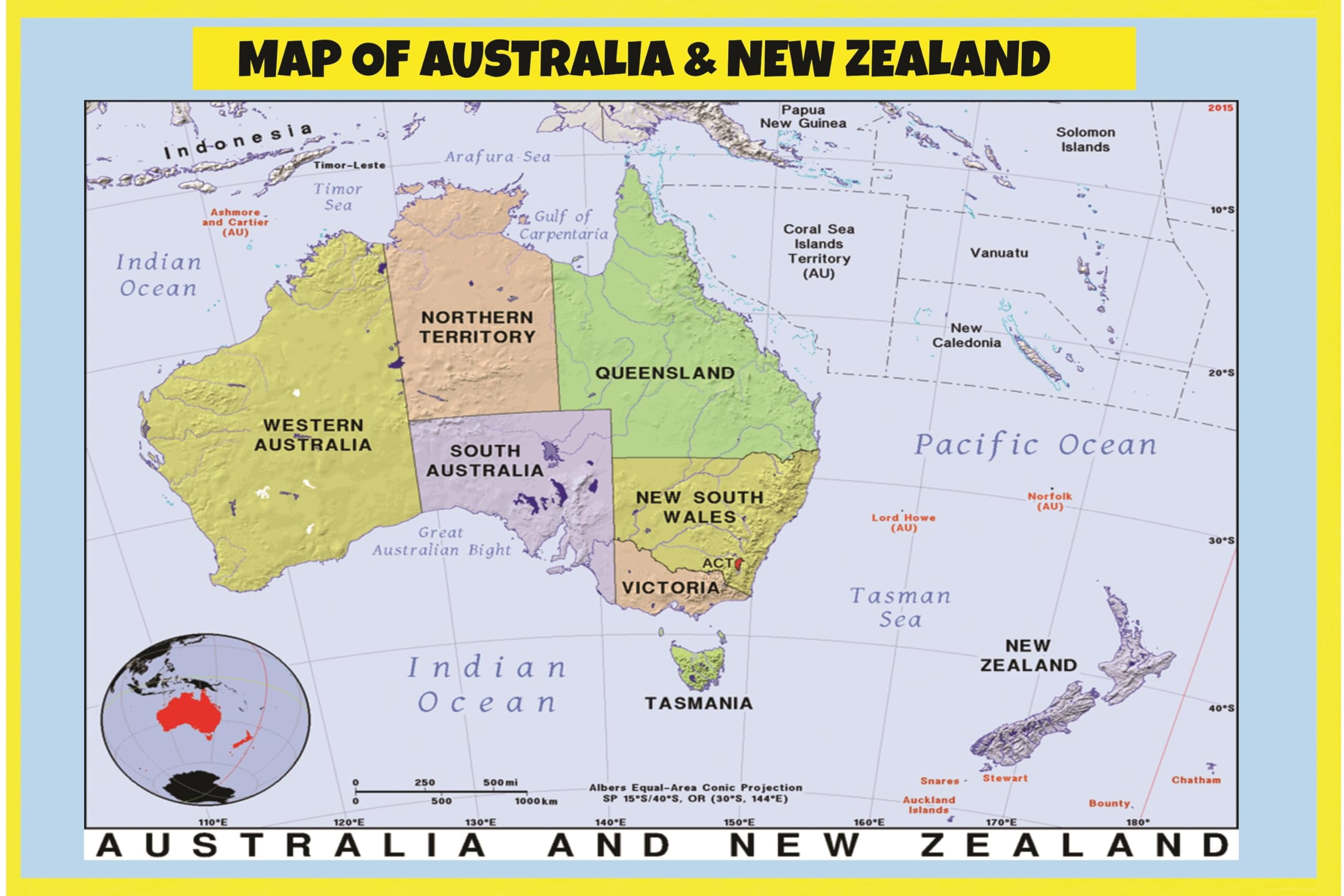 Map of Australia & New Zealand - Laminated Wall Map Poster Print ...