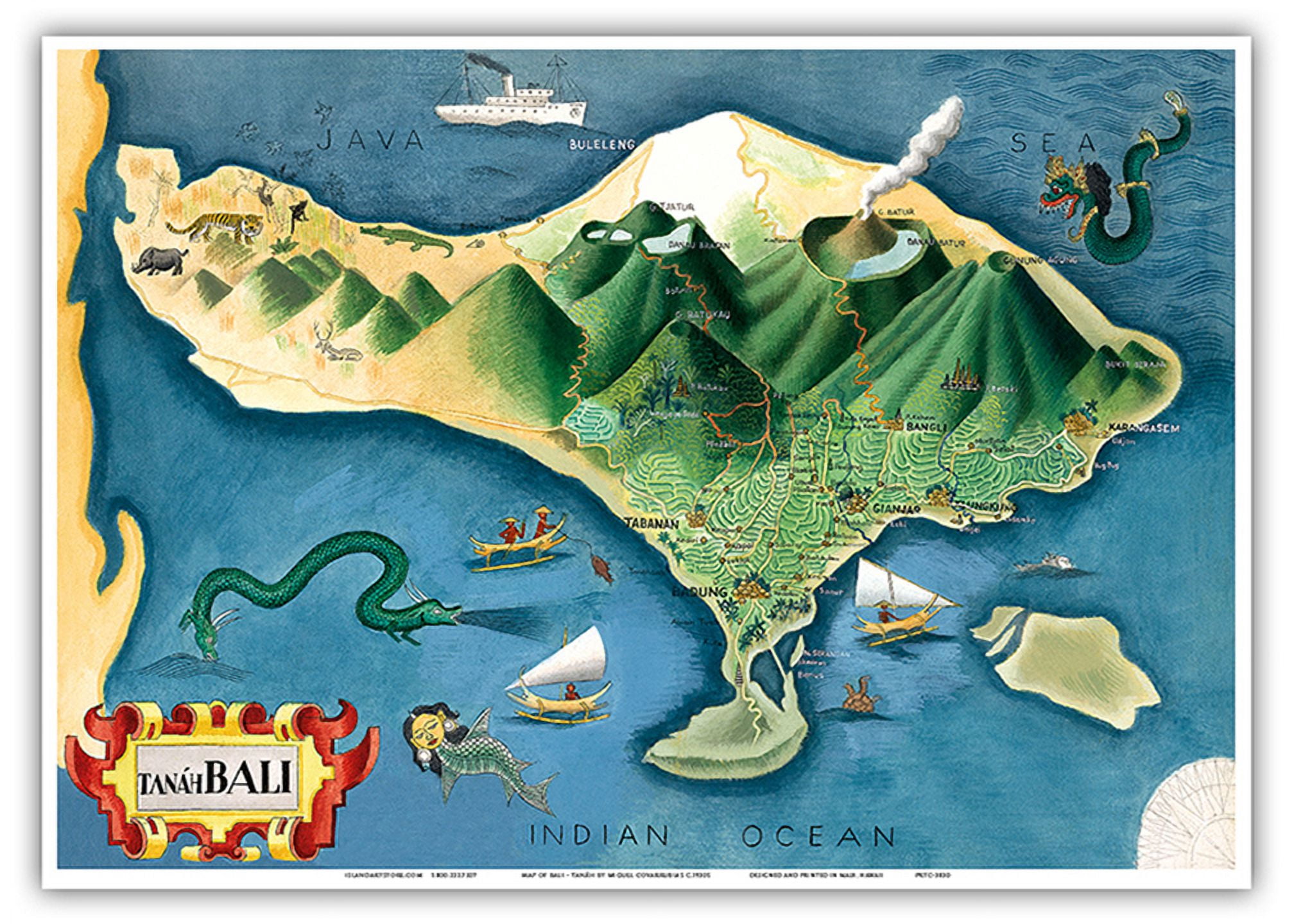 Map of Bali Indonesia - Tanáh (Tanah) Lot Balinese Temple - Vintage ...