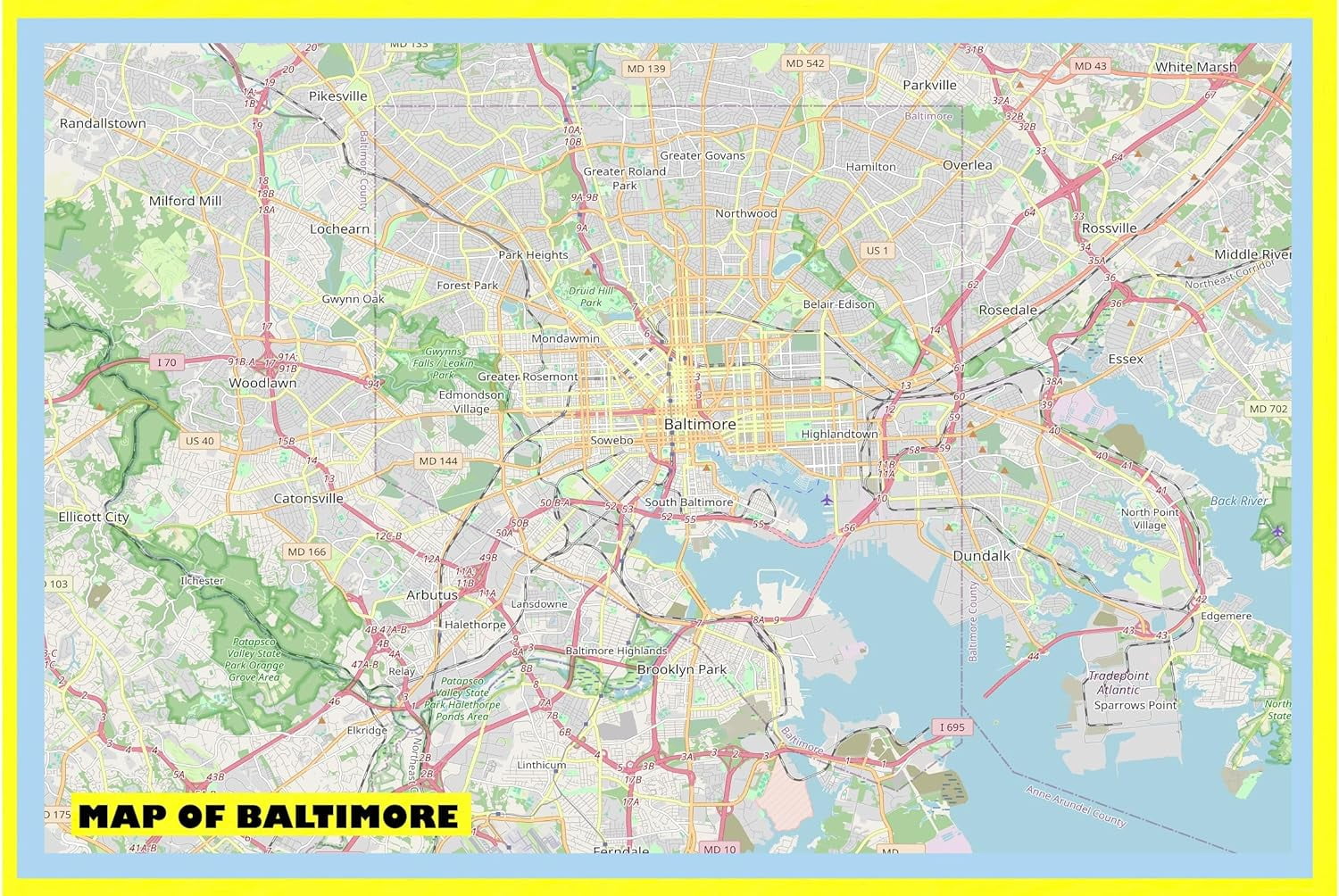 Map of Baltimore 18x24 with Neighborhoods, Streets, Roads, Highways and ...