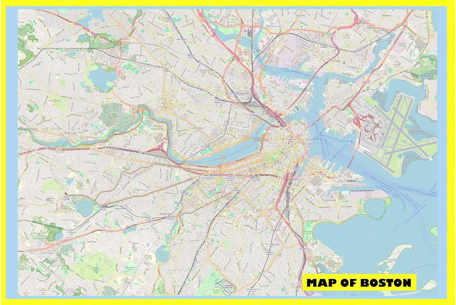 Map of Boston 20x30 with Neighborhoods, Streets, Roads, Highways and ...