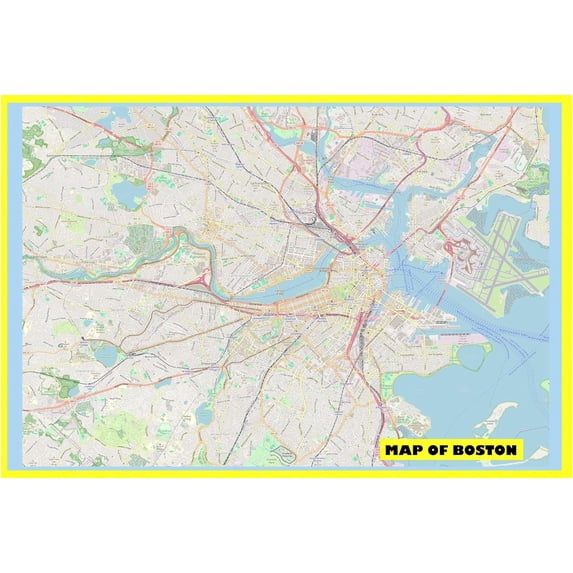 Map of Boston 24x36 with Neighborhoods, Streets, Roads, Highways and ...