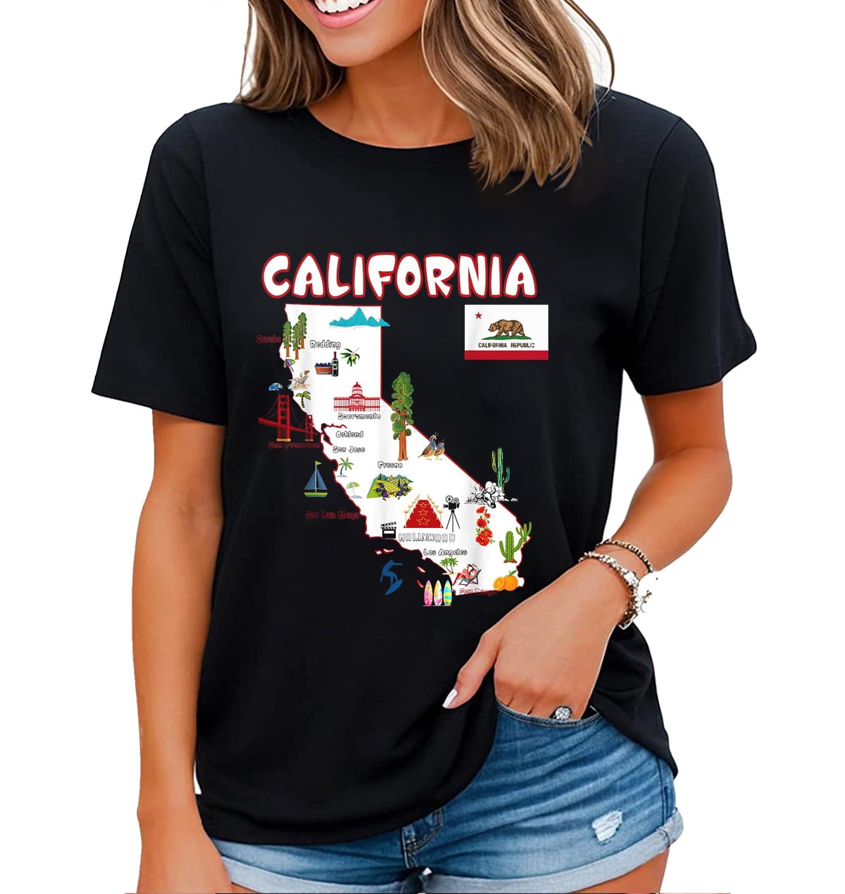Map of California Landmarks Shirt Women Major Cities Flag T-shirt Black ...