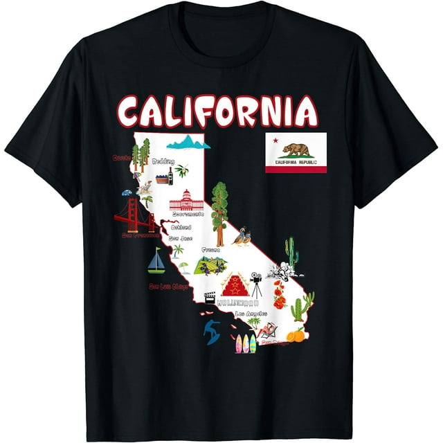 Map of California Landmarks, major cities, flag T-shirt T-Shirt ...