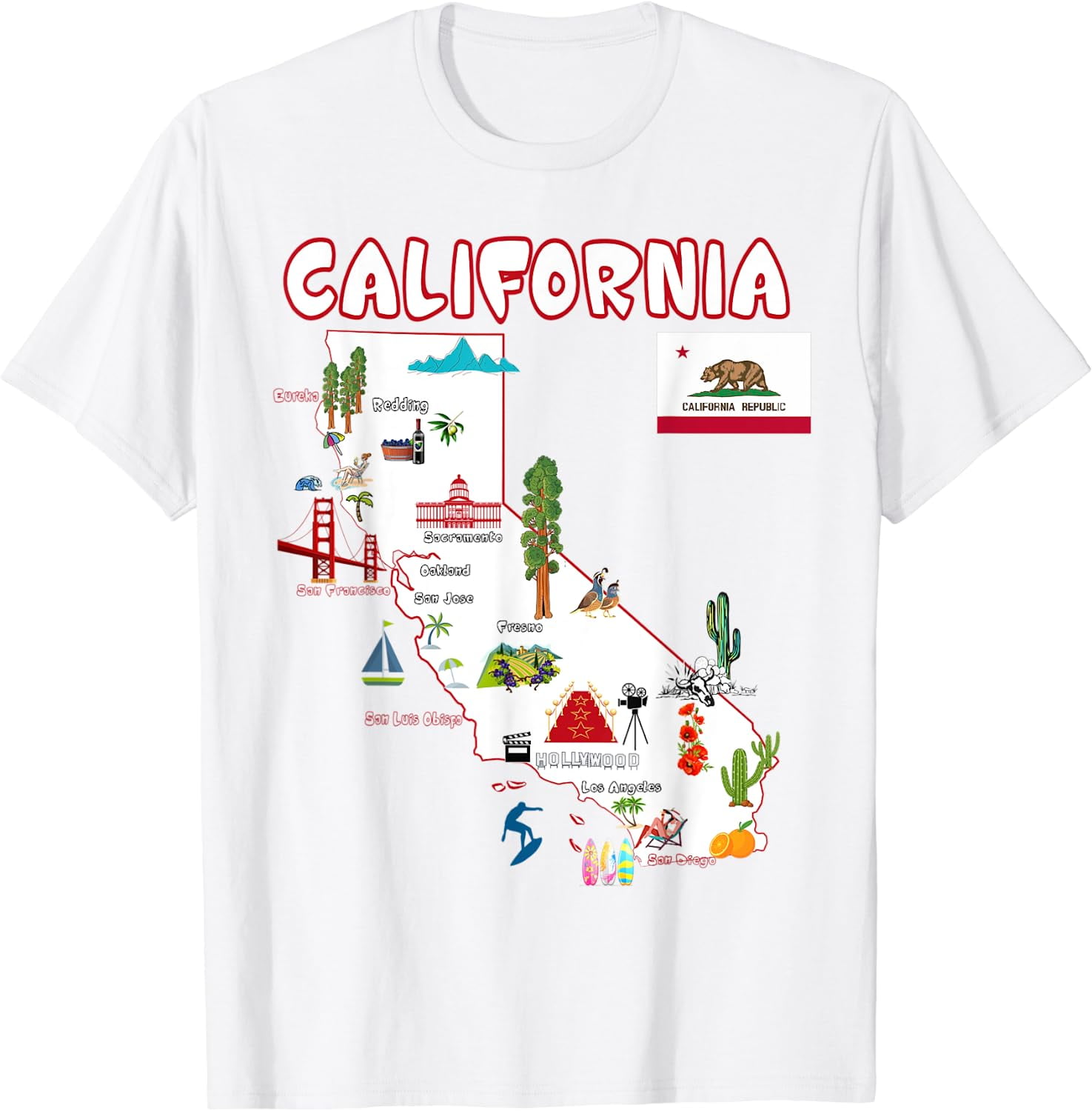 Map of California Landmarks, major cities, flag T-shirt T-Shirt ...