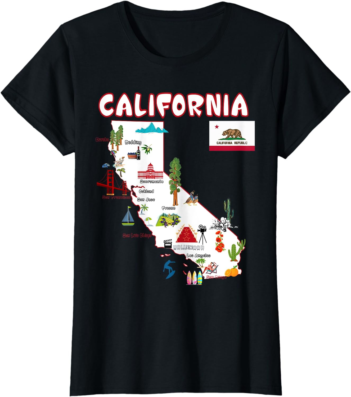 Map of California Landmarks, major cities, flag T-shirt T-Shirt ...