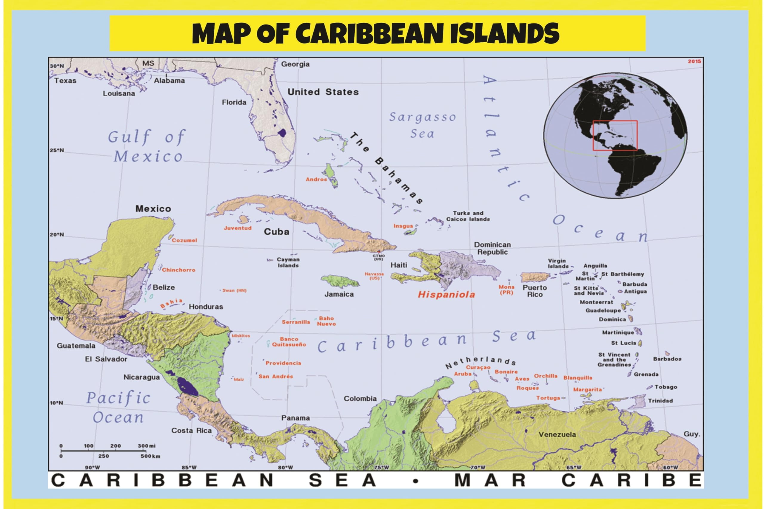 Map of Caribbean Islands - Laminated Wall Map Poster Print Perfect for ...