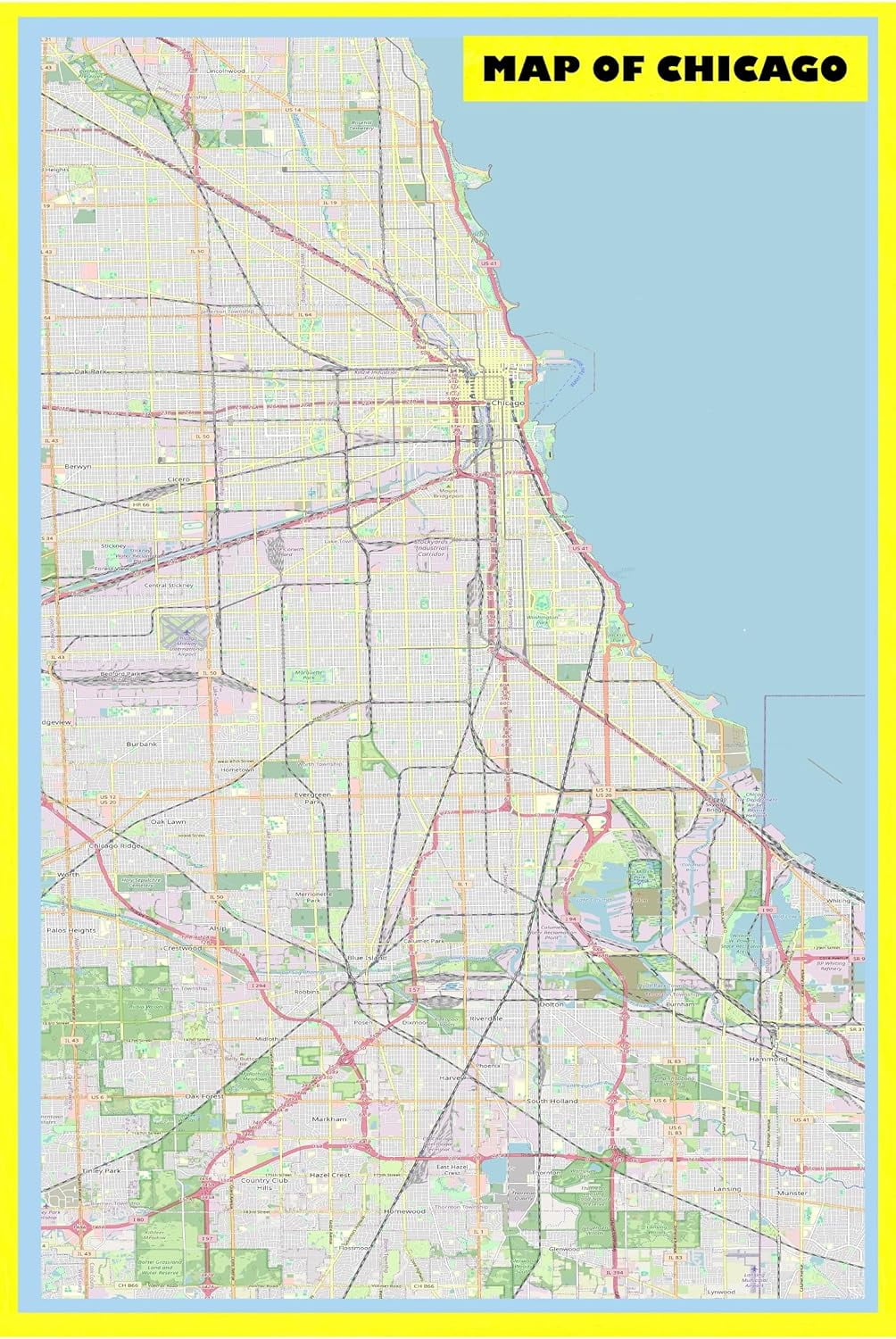 Map of Chicago 24x36 with Neighborhoods, Streets, Roads, Highways and ...