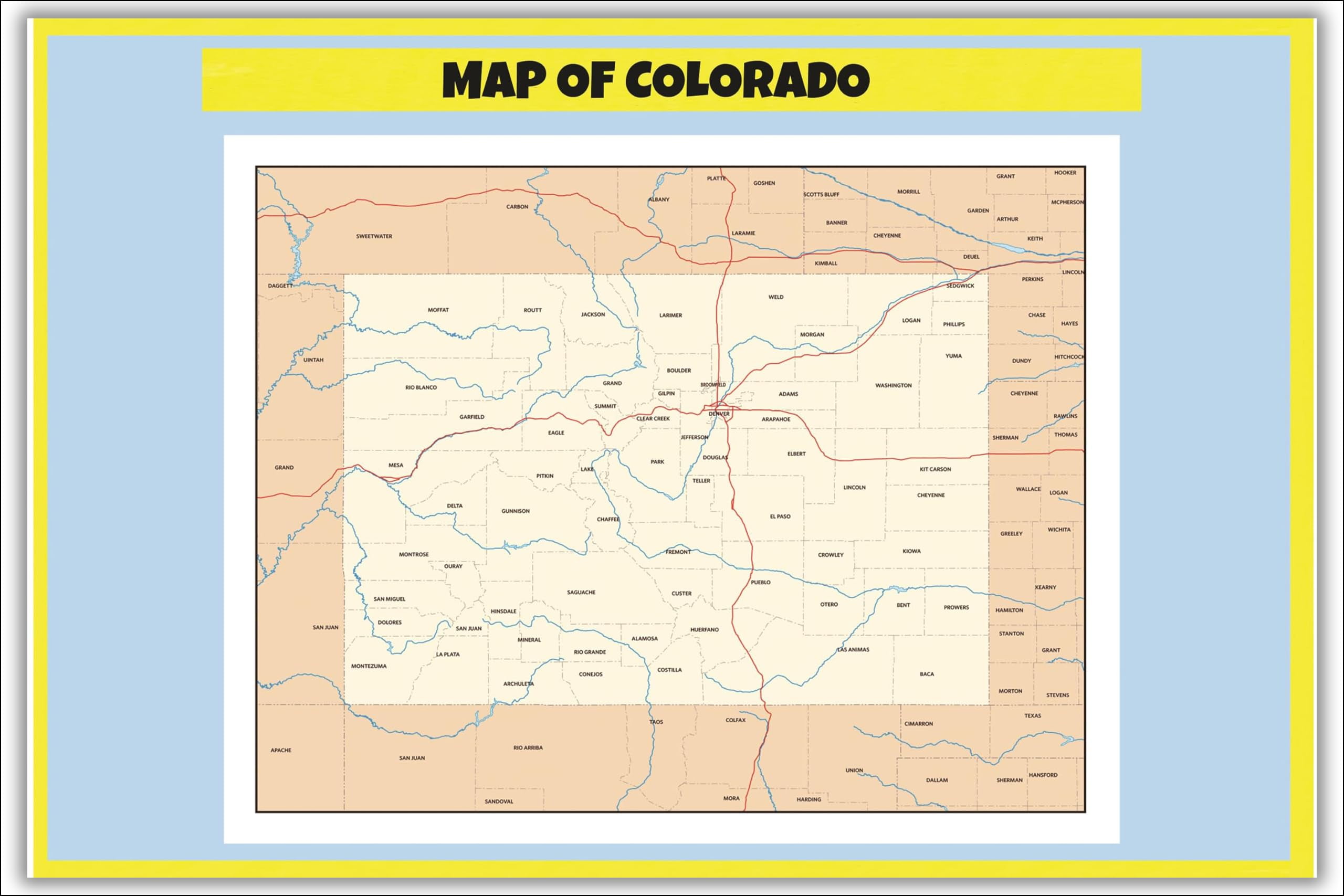 Map of Colorado - Laminated Wall Map Poster Print Perfect for ...