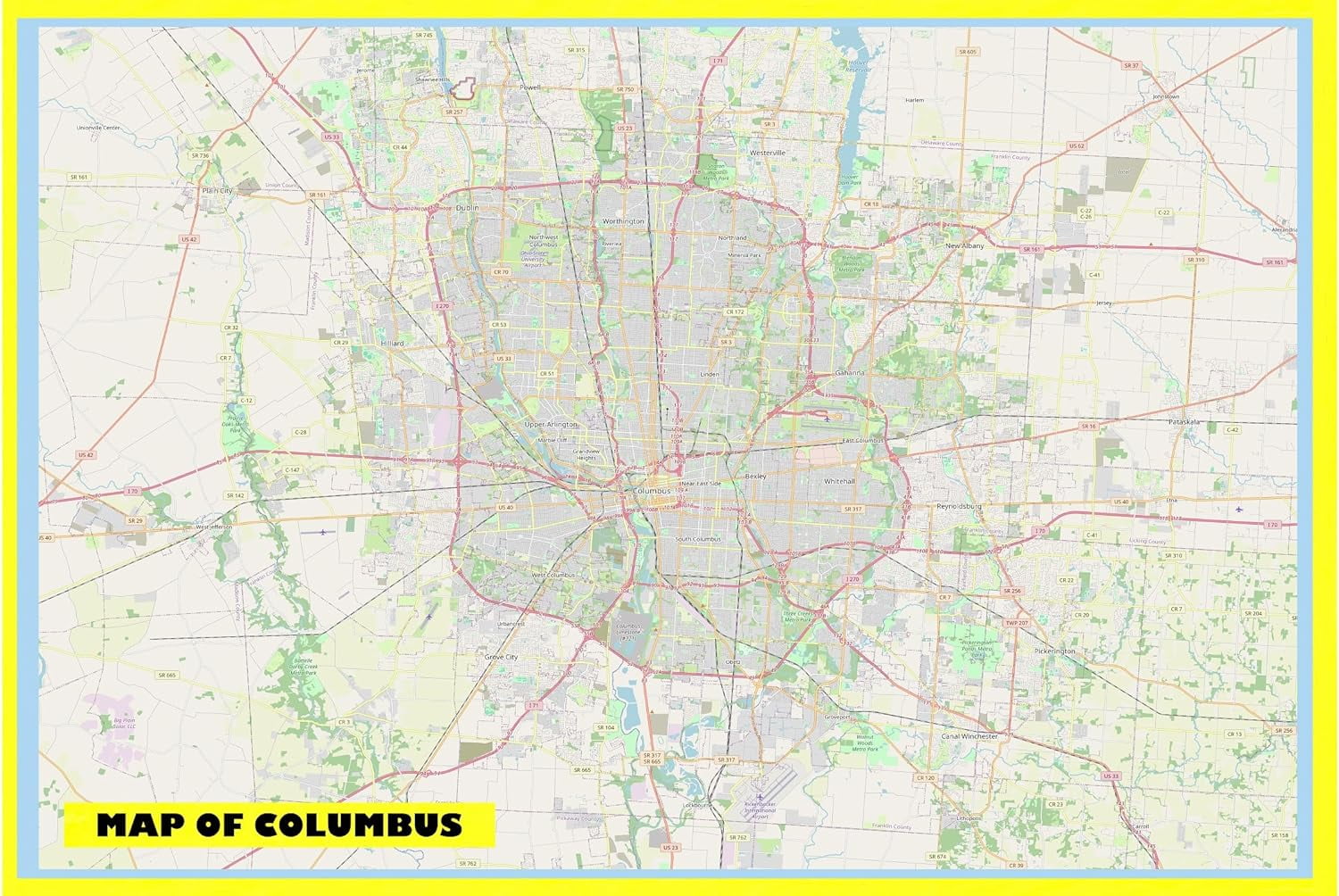 Map of Columbus 18x24 with Neighborhoods, Streets, Roads, Highways and ...
