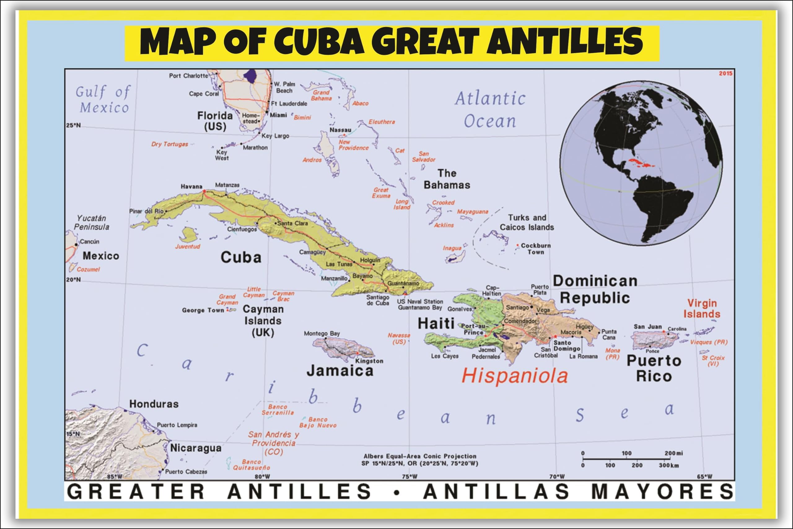 Map of Cuba Great Antilles - Glossy Heavy Paper Wall Map Poster Print Perfect for Classrooms and ...
