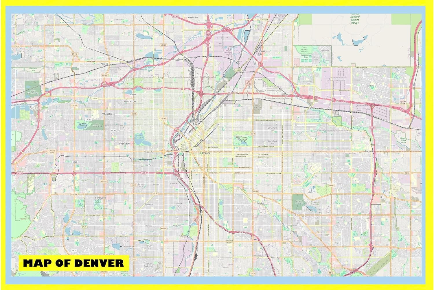 Map of Denver 20x30 with Neighborhoods, Streets, Roads, Highways and ...