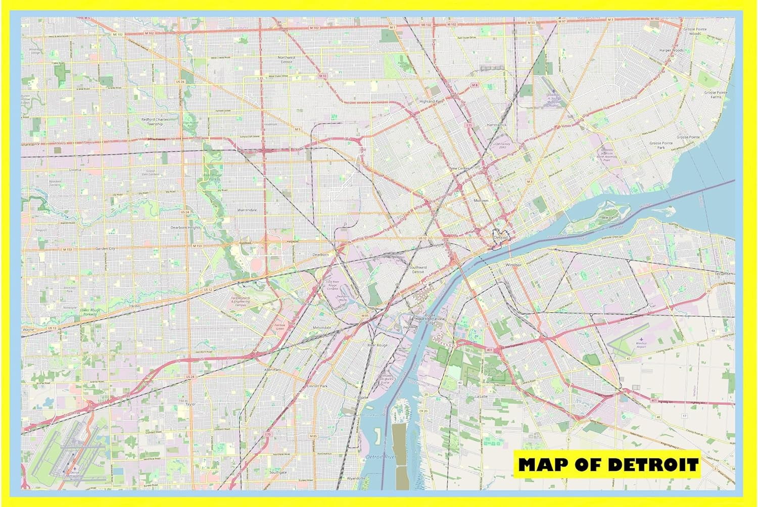 Map of Detroit 18x24 with Neighborhoods, Streets, Roads, Highways and ...