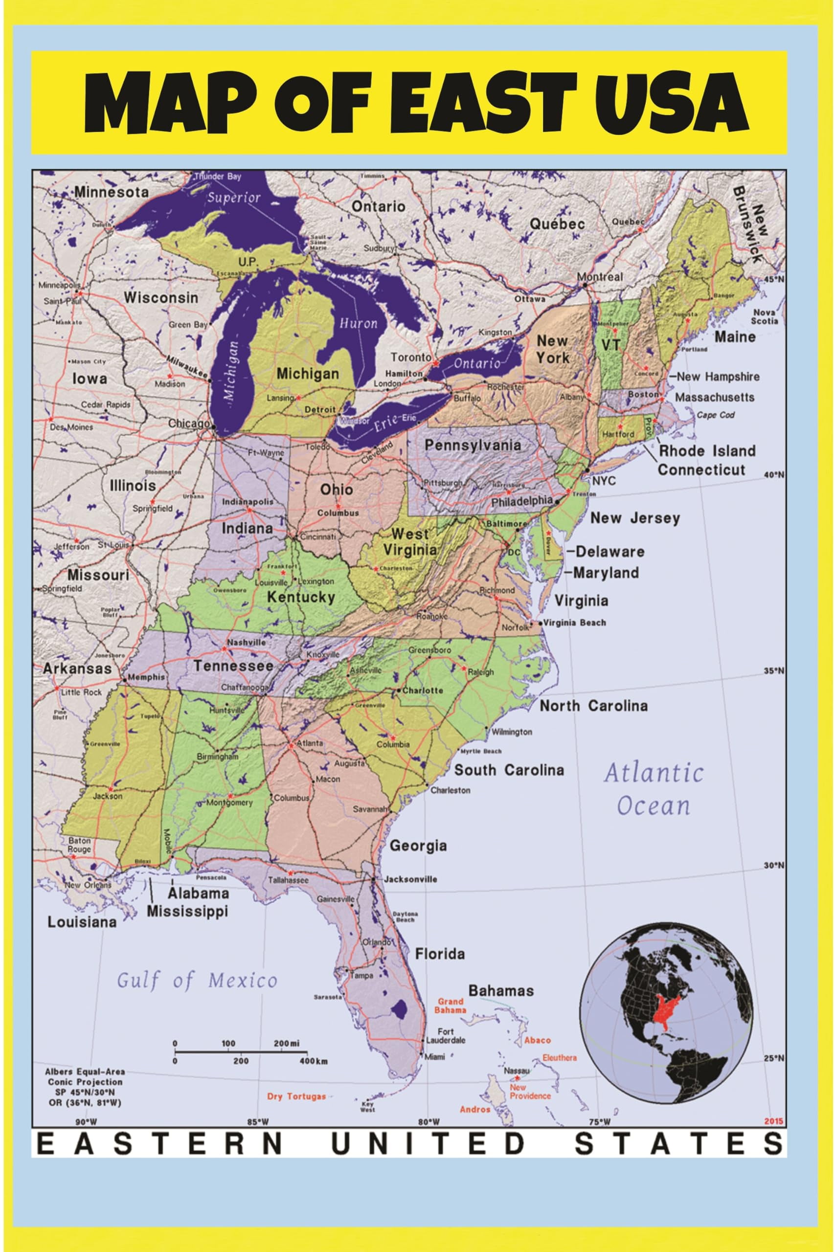 Map of East USA - Glossy Heavy Paper Wall Map Poster Print Perfect for Classrooms and Homes ...