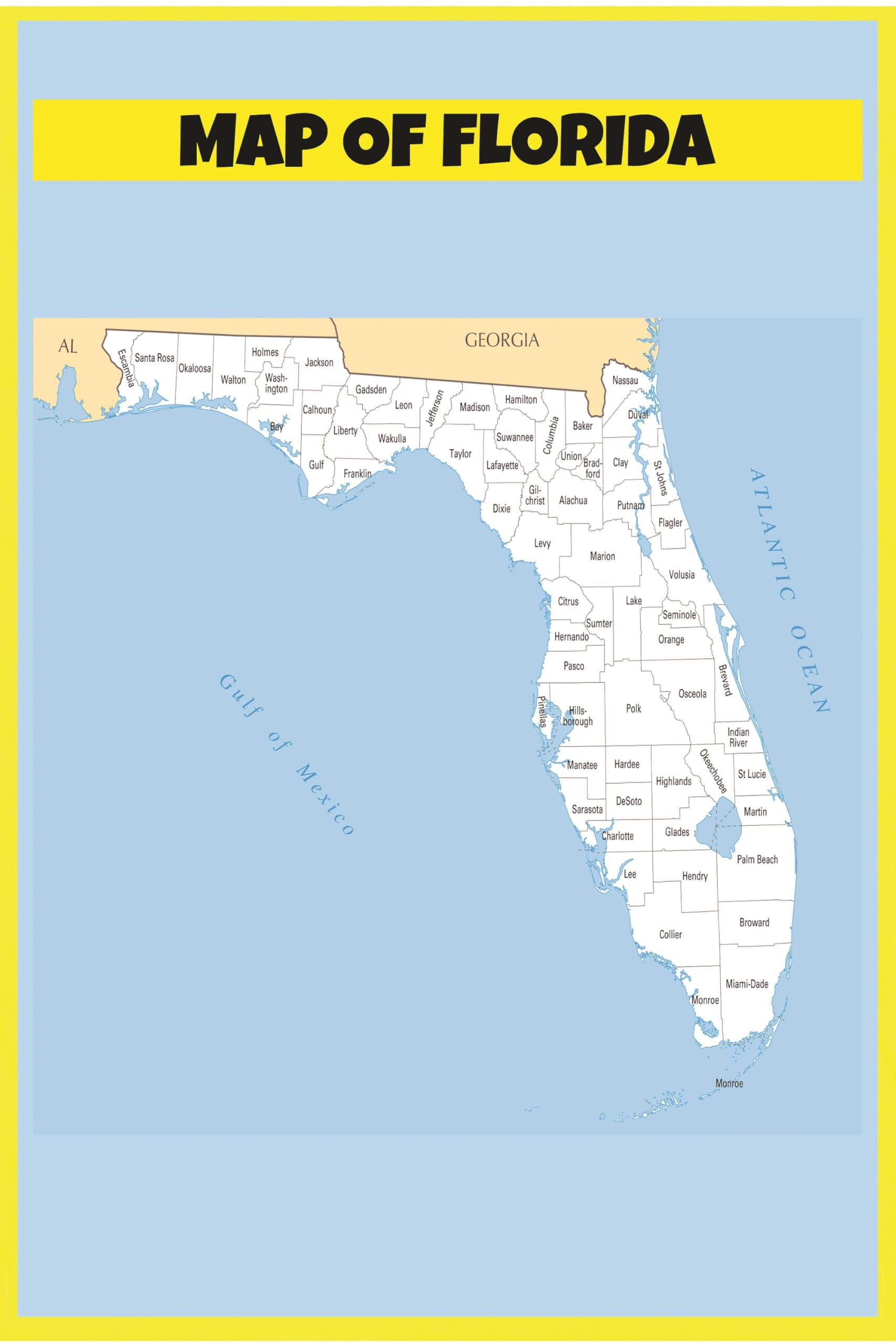 Map of Florida - Laminated Wall Map Poster Print Perfect for Classrooms ...