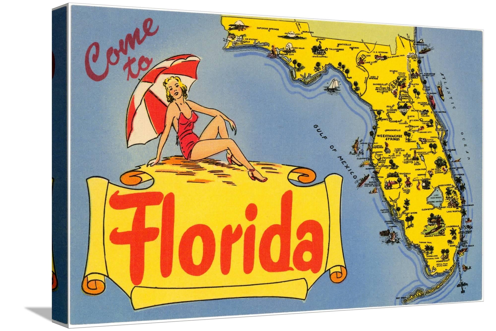 Art.com Map of Florida Stretched Canvas Print Wall Art, 24" x 16 ...