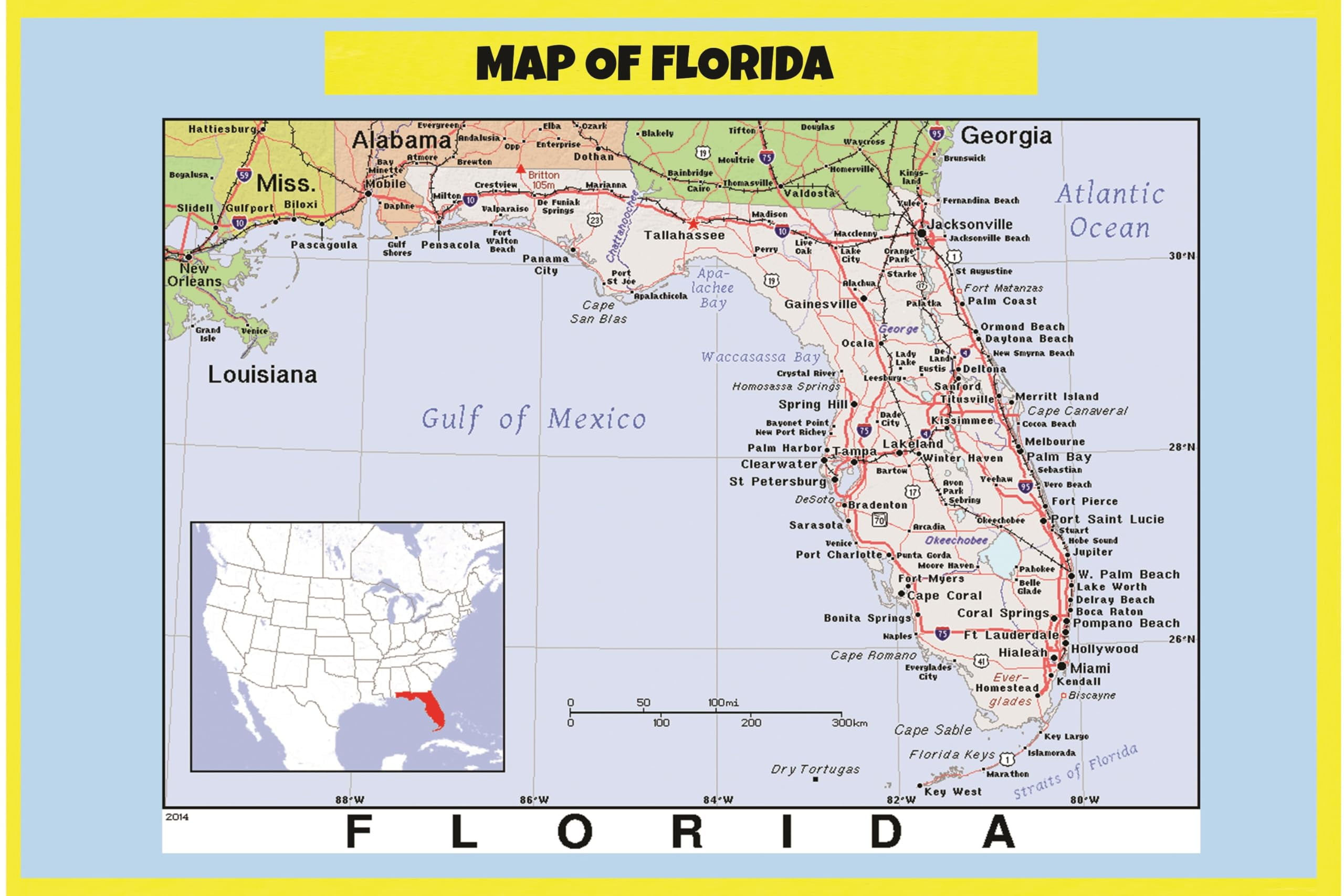 Map of Florida Style C - Glossy Heavy Paper Wall Map Poster Print Perfect for Classrooms and ...